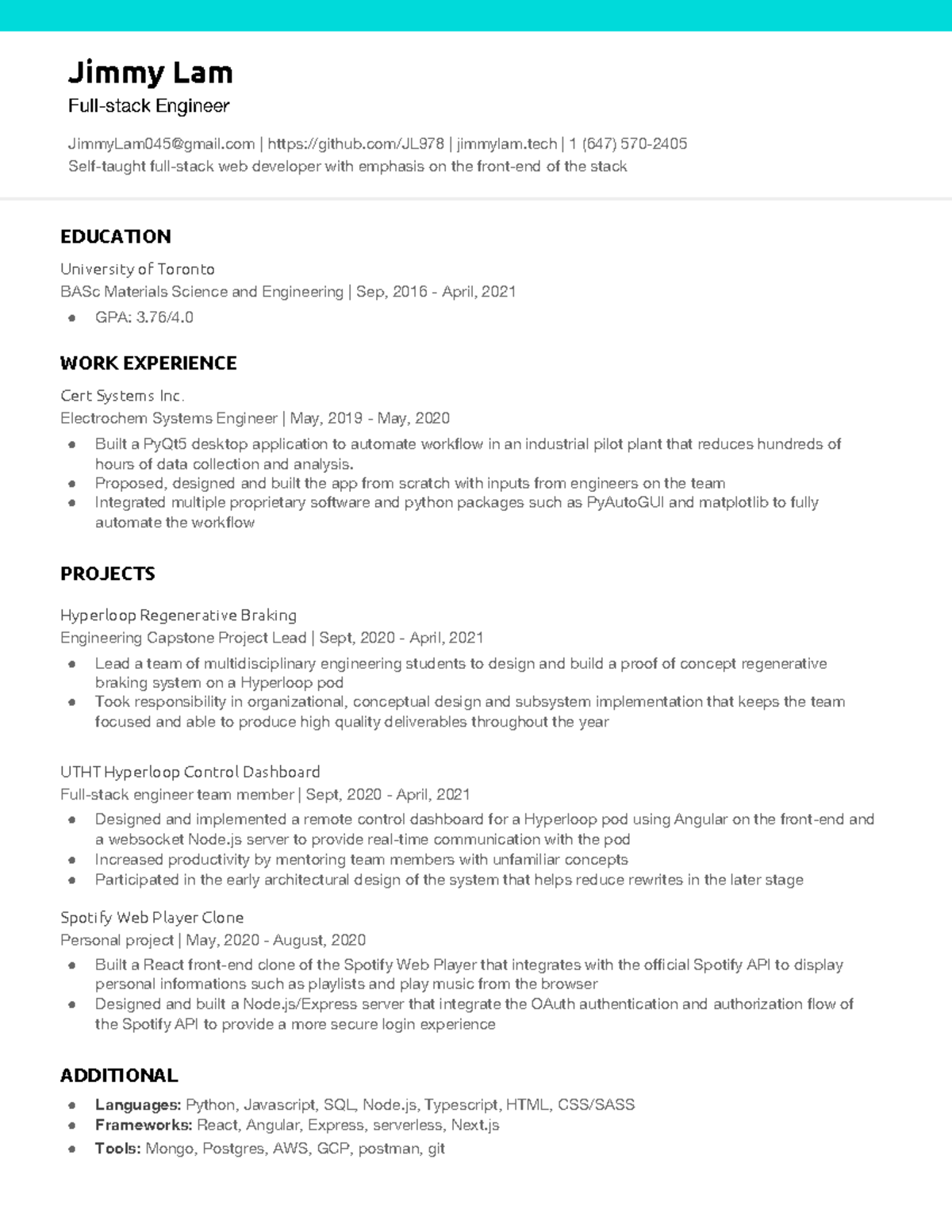 Jimmy Lam Resume 2021 - Jimmy Lam Full-stack Engineer JimmyLam045@gmail ...