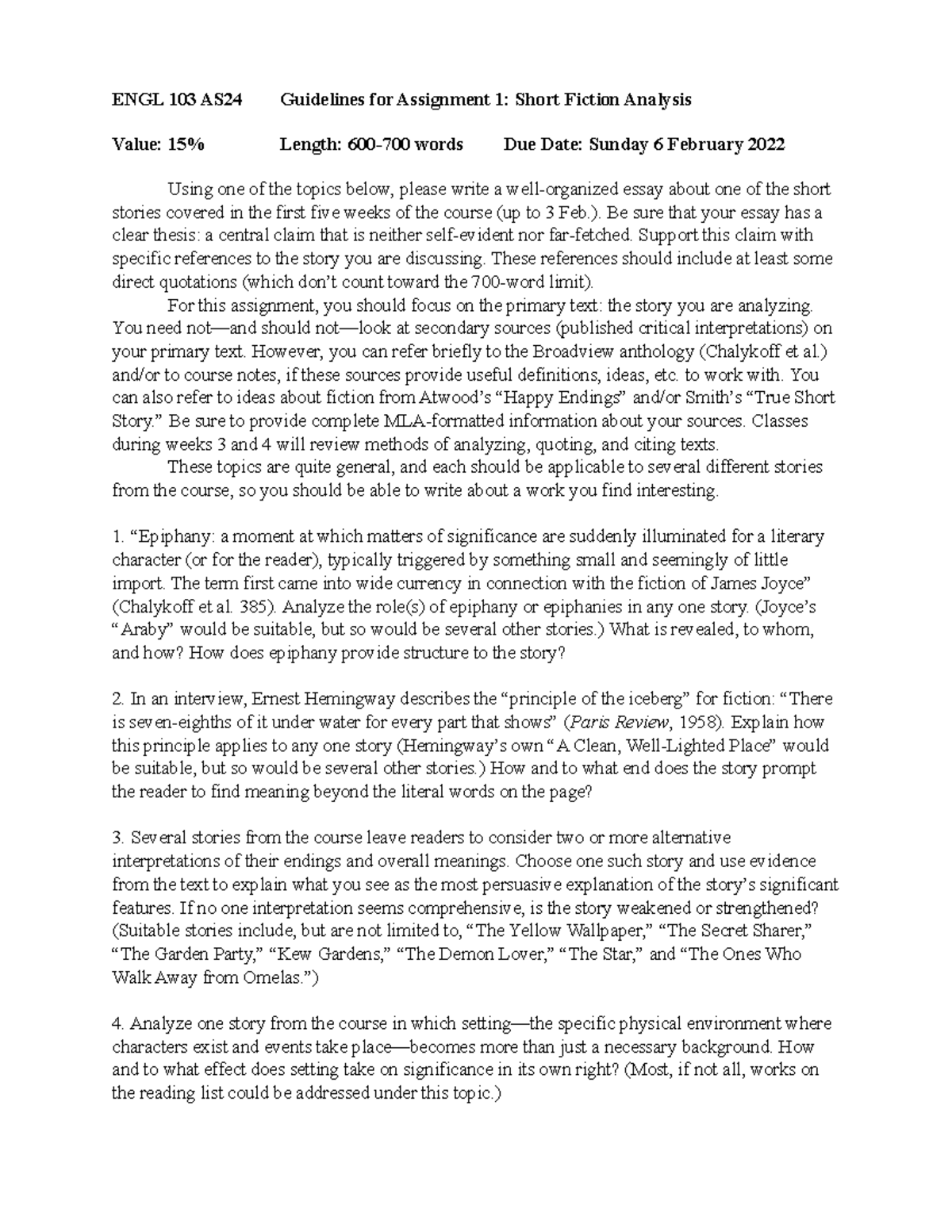 ENGL 103 AS24 Winter 2022 Guidelines for Short Fiction Analysis - ENGL ...