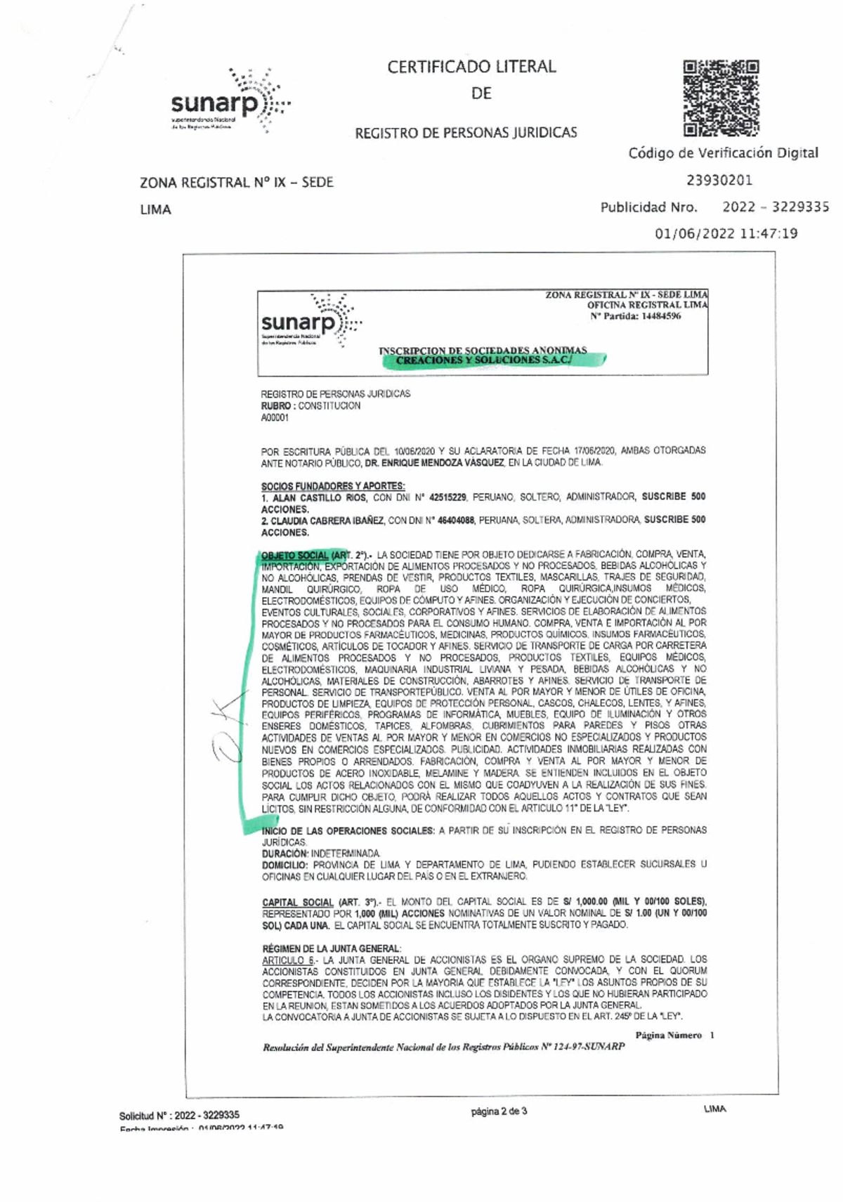 CCF 000095 - PARA DERECHO DE CONTRATOS - CERTIFICADO LITERAL DE sunarp superintendancia Nacional ...