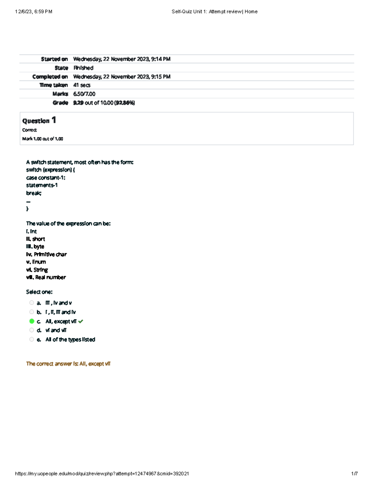 Self Quiz Unit 1 Unit 1 Started On Wednesday 22 November 2023 9 14 Pm State Finished