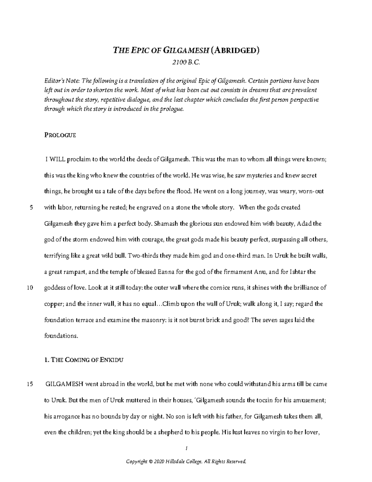 The Epic of Gilgamesh Abridged - 1 THE EPIC OF GILGAMESH (ABRIDGED ...