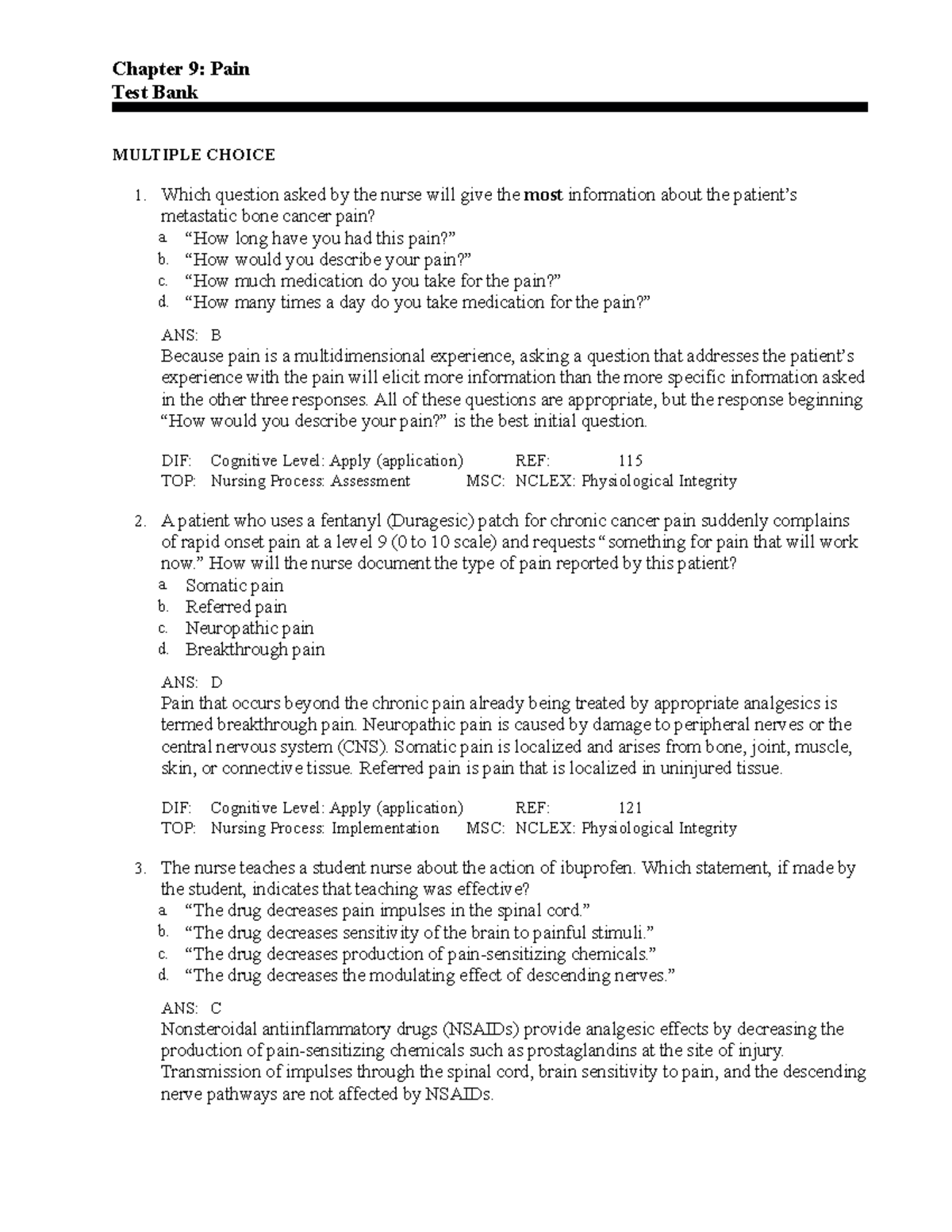 Ch9 - Practice Questions - Chapter 9: Pain Test Bank MULTIPLE CHOICE ...