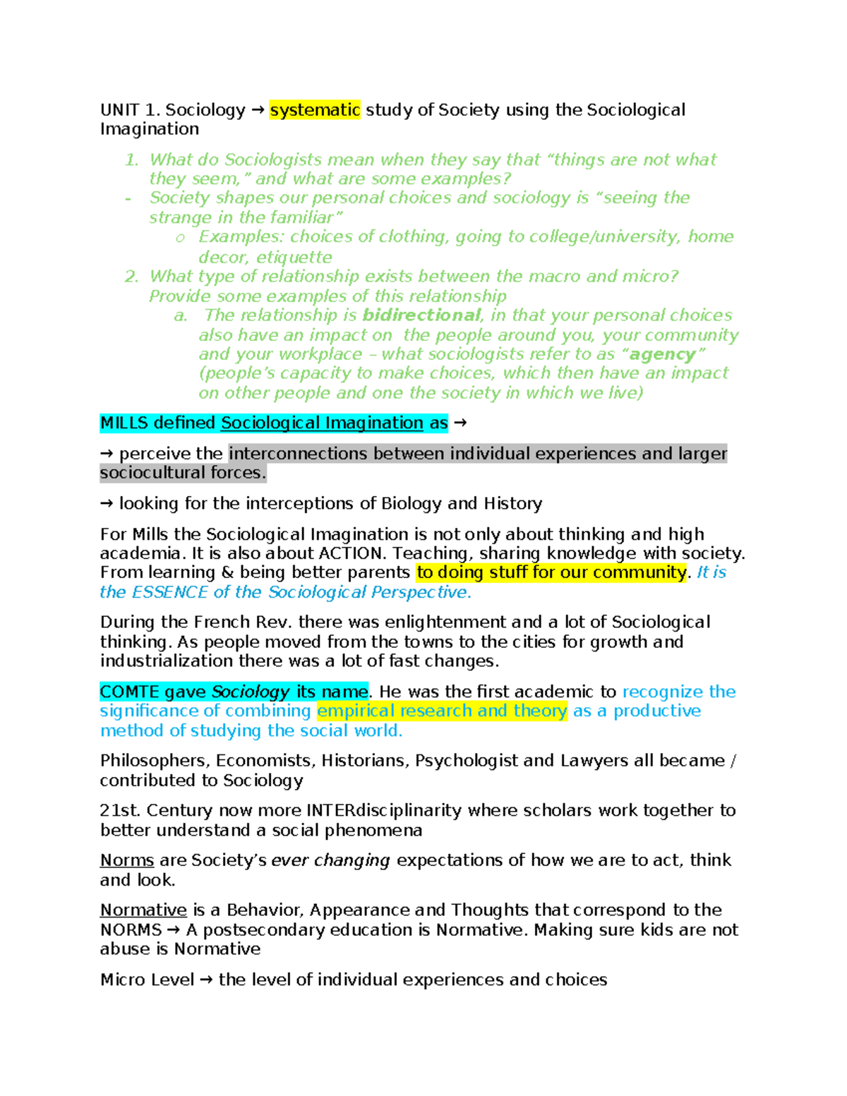 Sociology 1-7 - ch 1-7 - UNIT 1. Sociology → systematic study of ...