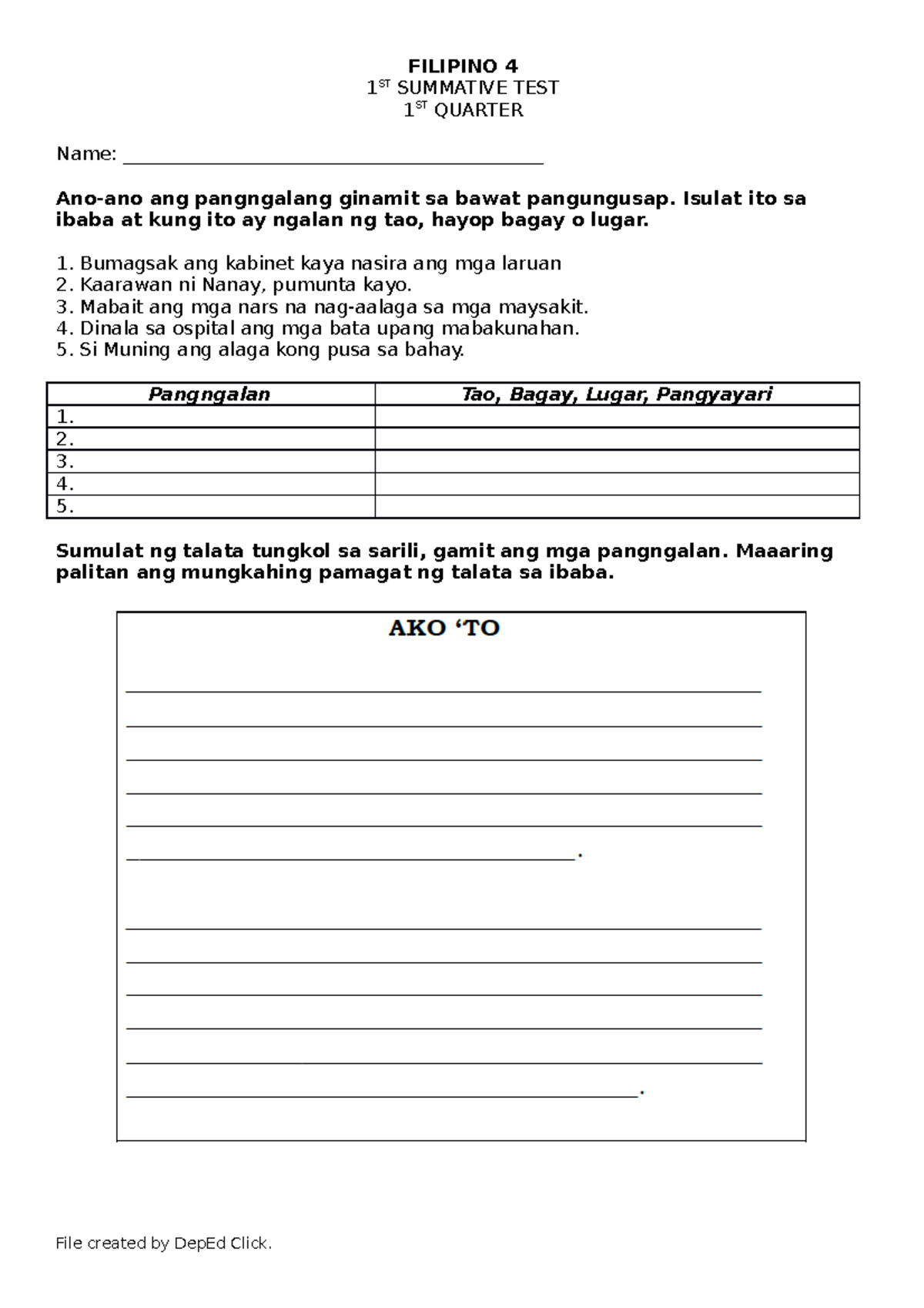 Filipino 4 ST1 Q1 - n/A - FILIPINO 4 1 ST SUMMATIVE TEST 1 ST QUARTER ...