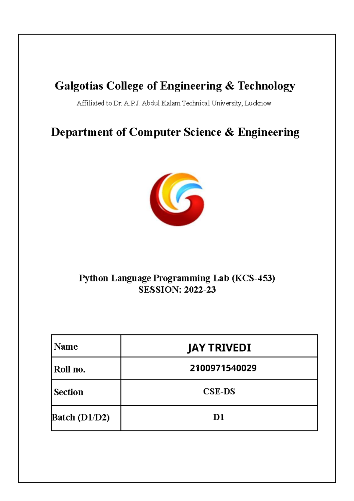 Jays Python File Galgotias 3818