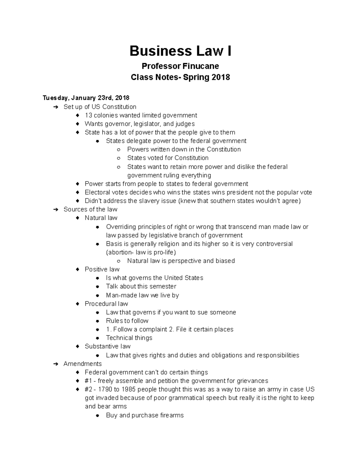 Business Law Class Notes first half - Business Law I Professor Finucane ...