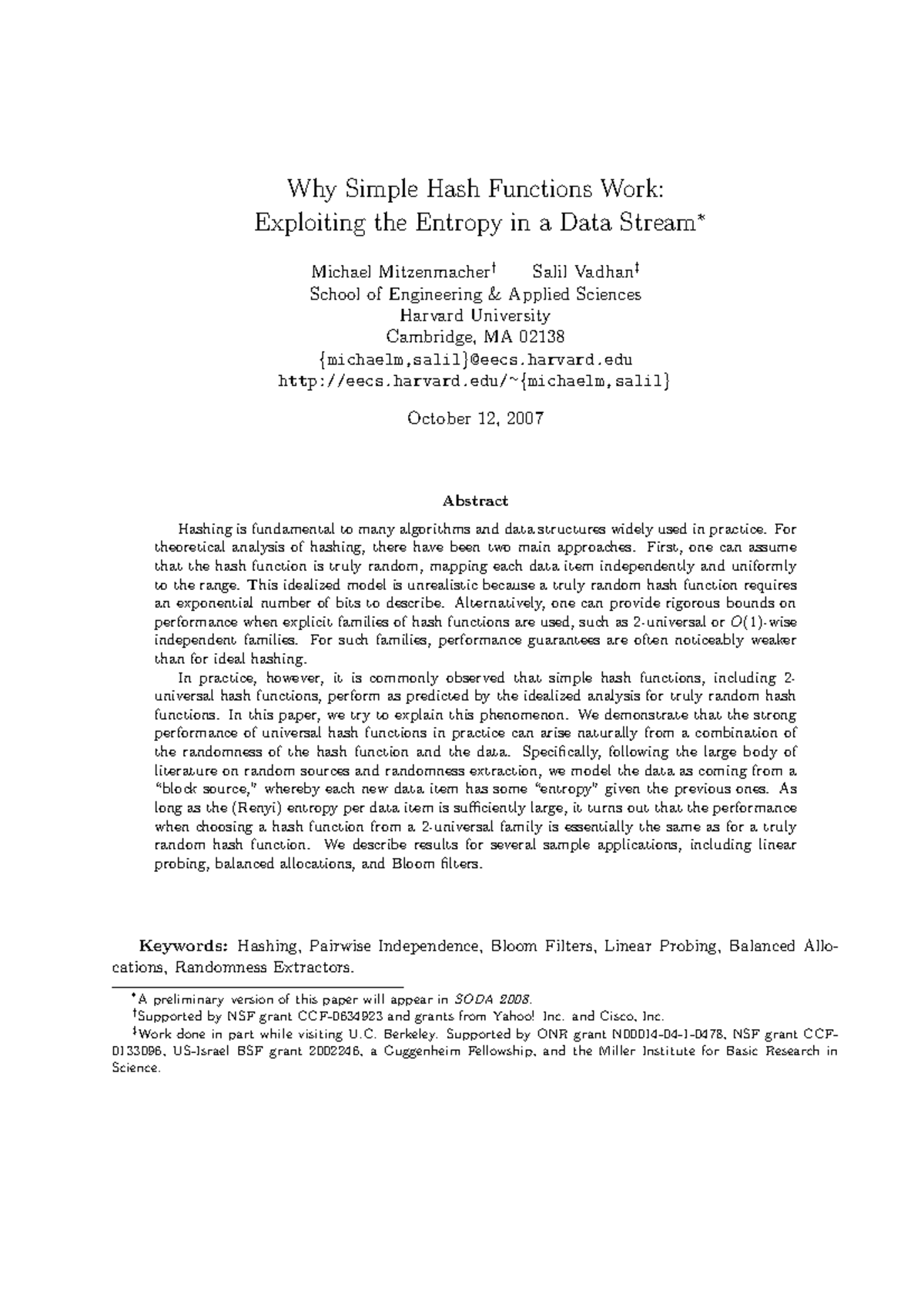 Soda2008 b - Prof is Naveen Garg - Why Simple Hash Functions Work: Exploiting the Entropy in a ...