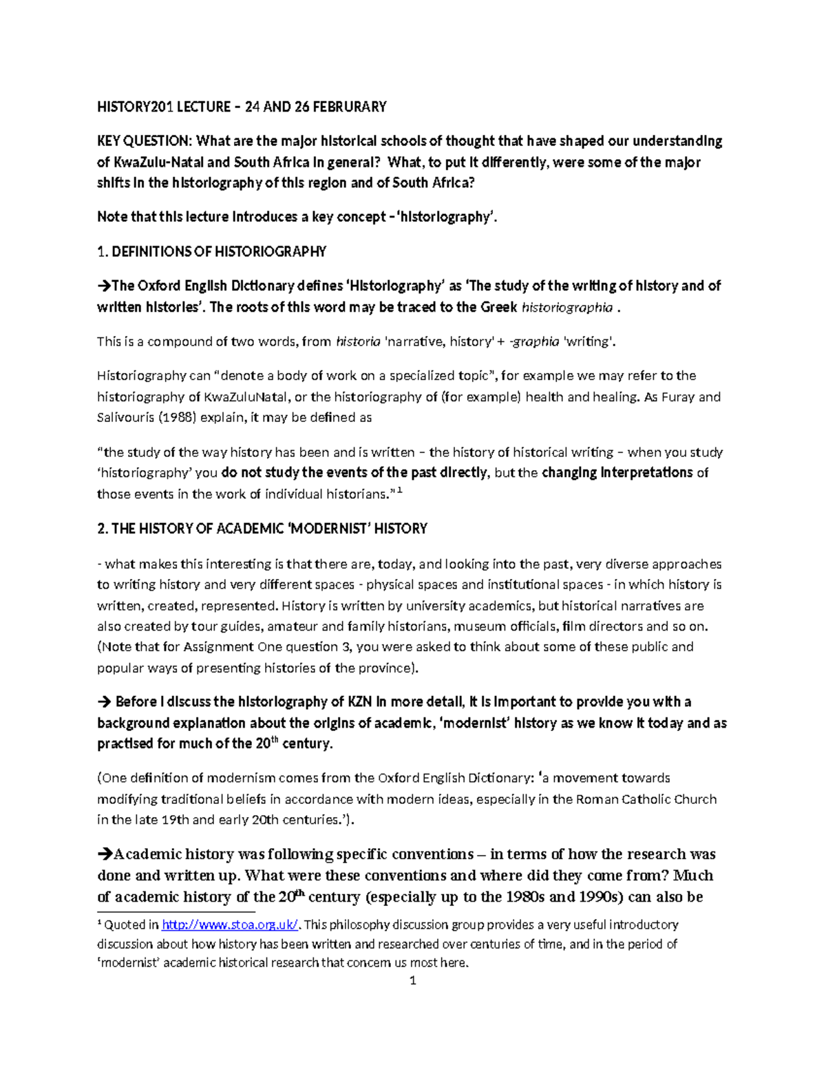 KZN Historiography lecture Monday Feb compact handout - HISTORY201 ...