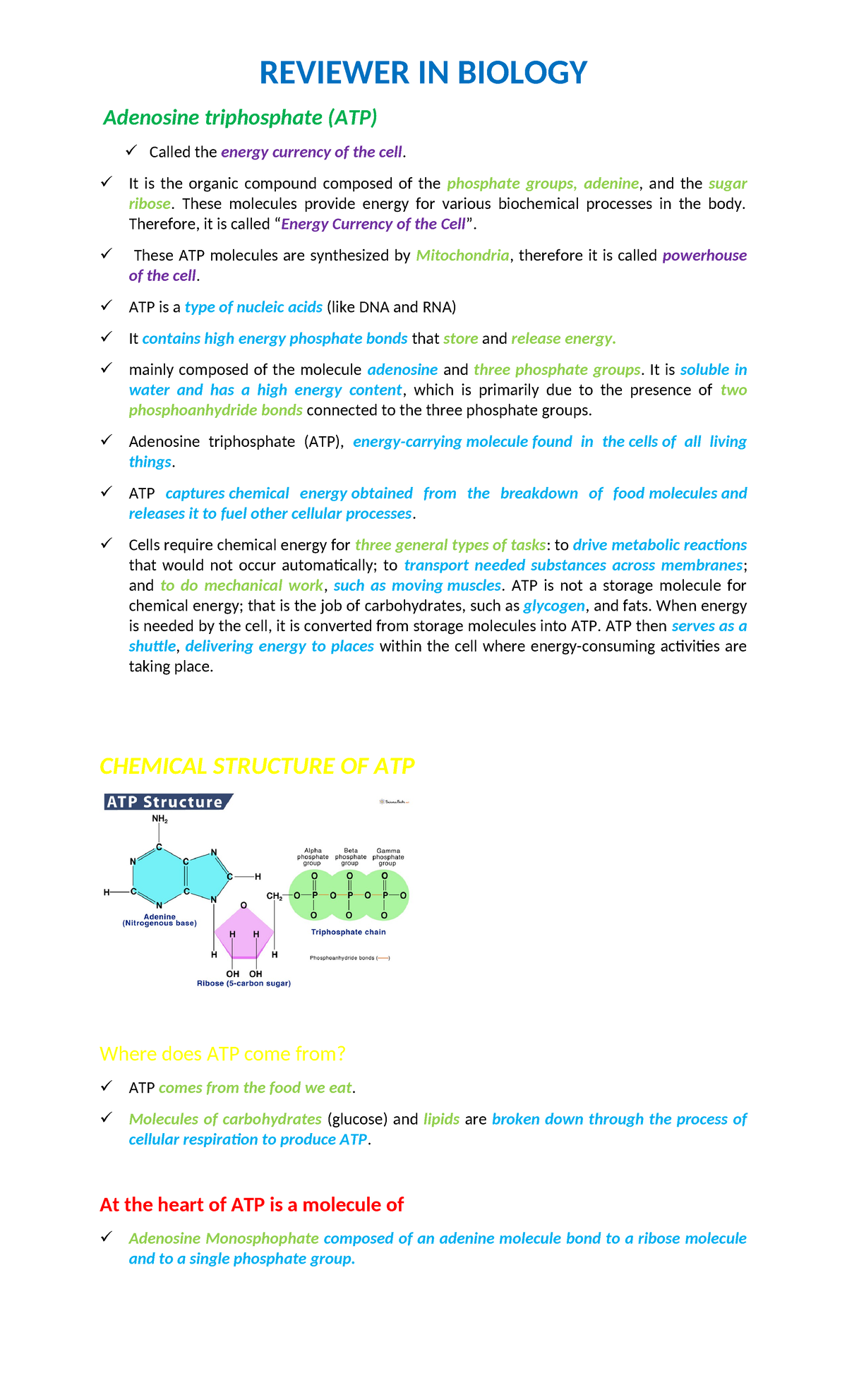 ATP04 - General Biology ATP ADP - REVIEWER IN BIOLOGY Adenosine ...