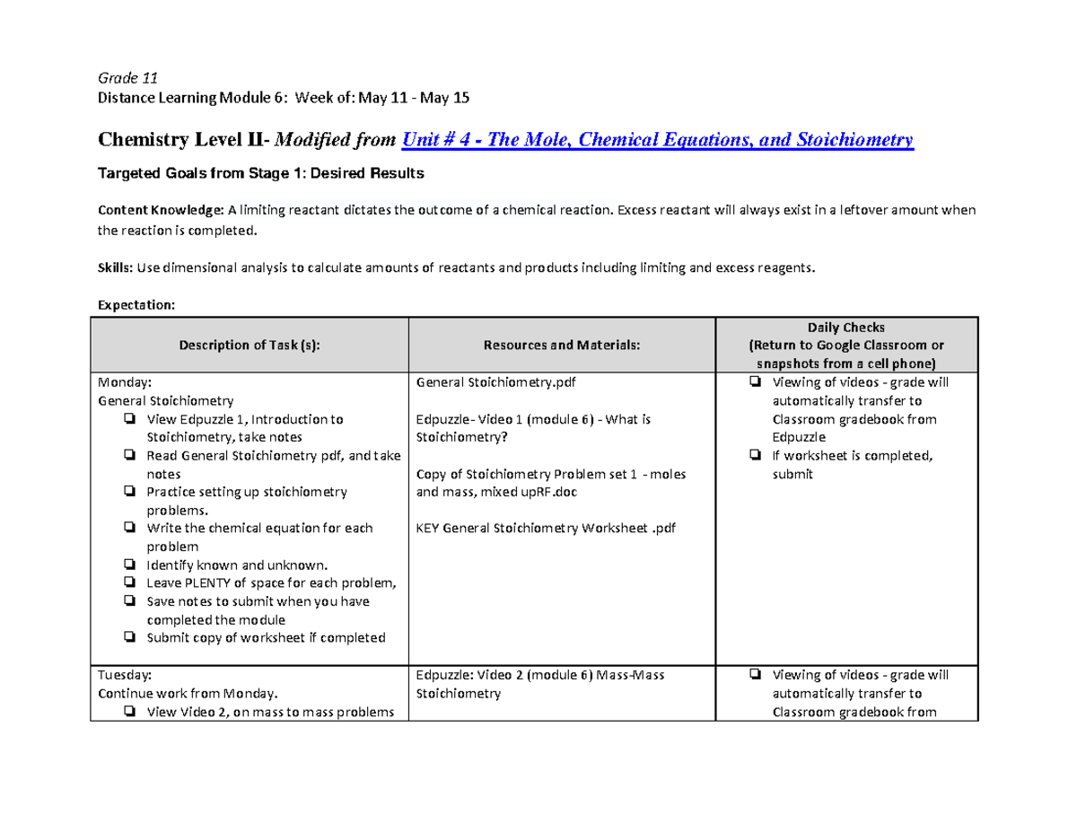 Chemistry Level 2Module 6 - Grade 11 Distance Learning Module 6: Week ...