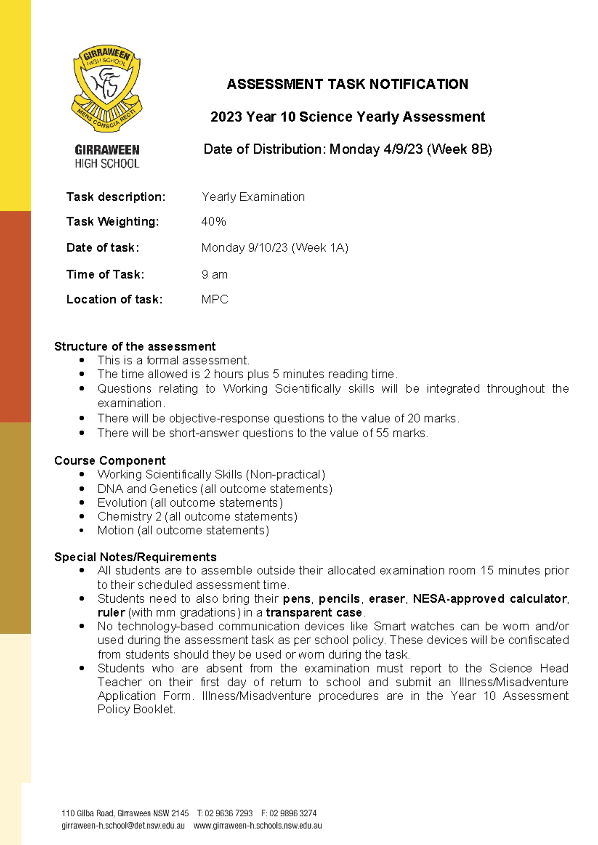 2023 Yr10 Yearly Notification - ASSESSMENT TASK NOTIFICATION 2023 Year ...