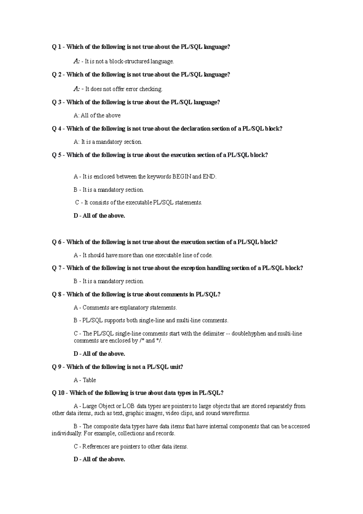 Plsql Fundamentals Qa Q 1 Which Of The Following Is Not True About The Plsql Language A