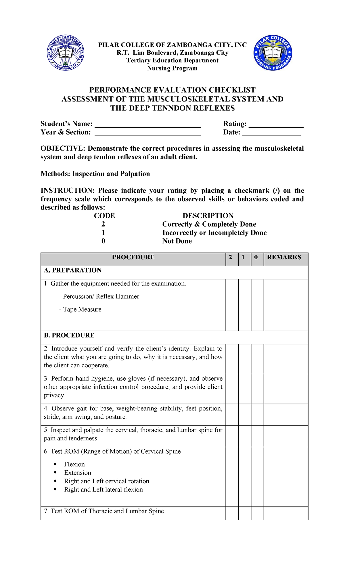 HA Checklist Musculoskeletal System and Deep Tendon Reflexes Copy 1 ...