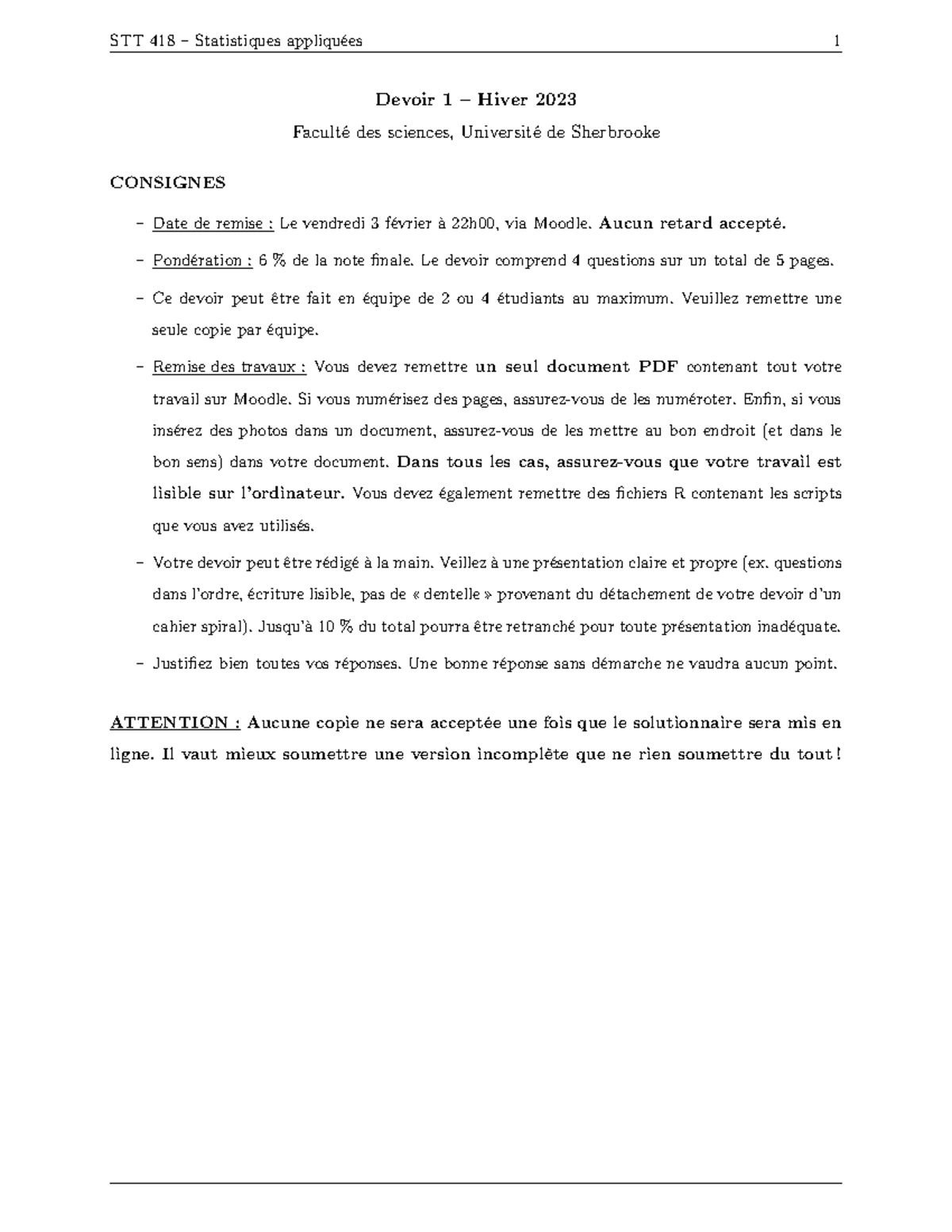 Devoir 1 MAJ 23 Janvier - Devoir 1 – Hiver 2023 Faculté des sciences, Université de Sherbrooke ...