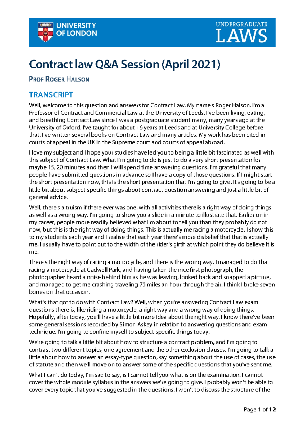 Contract Q and A Transcript - Contract law Q&A Session (April 2021) TRANSCRIPT Well, welcome to ...