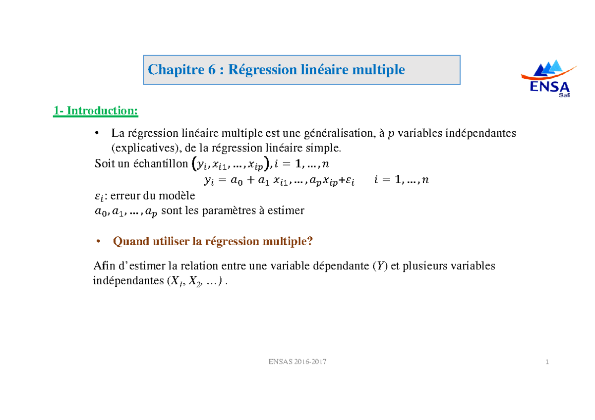 Régression Linéaire multiple - Chapitre 6 : Régression linéaire ...
