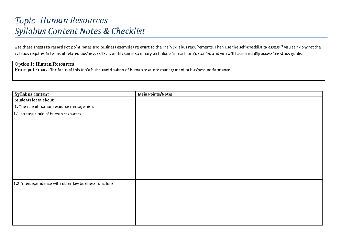 HR- Notes Booklet HSC - Topic- Human Resources Syllabus Content Notes ...