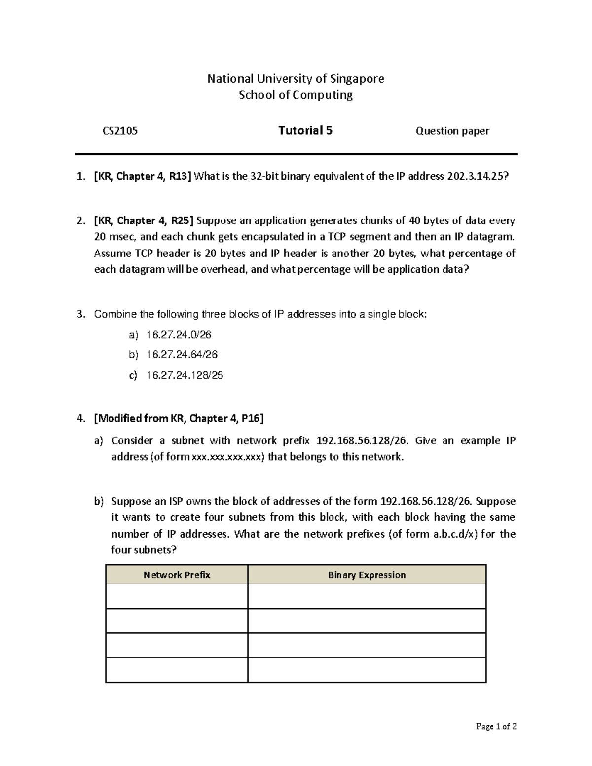 Tutorial 5 qns - CS2105 - Page 1 of 2 National University of Singapore School of Computing ...