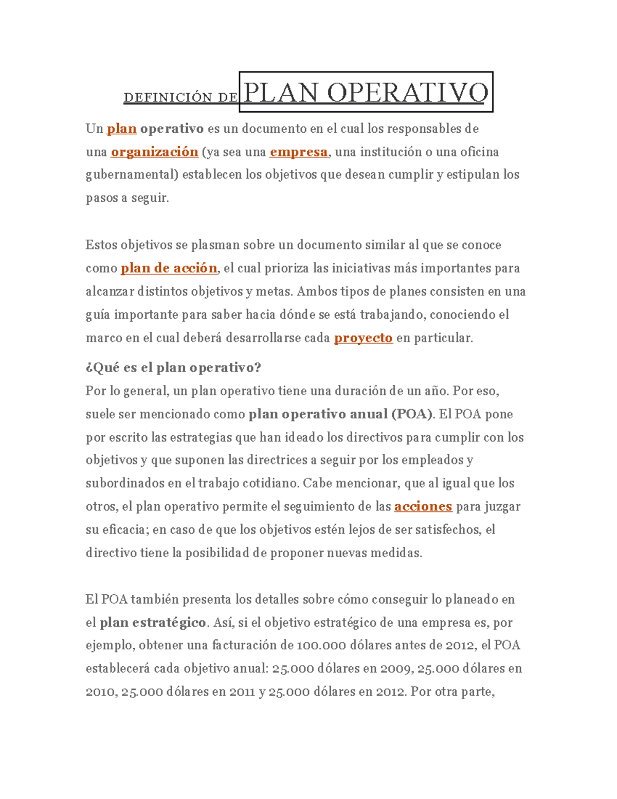 POA Definición DE PLAN Operativo - DEFINICIÓN DE PLAN OPERATIVO ...