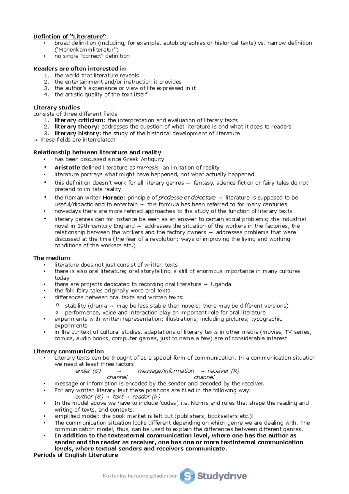 Summary Literature and Culture - Defintion of “Literature“ - broad ...