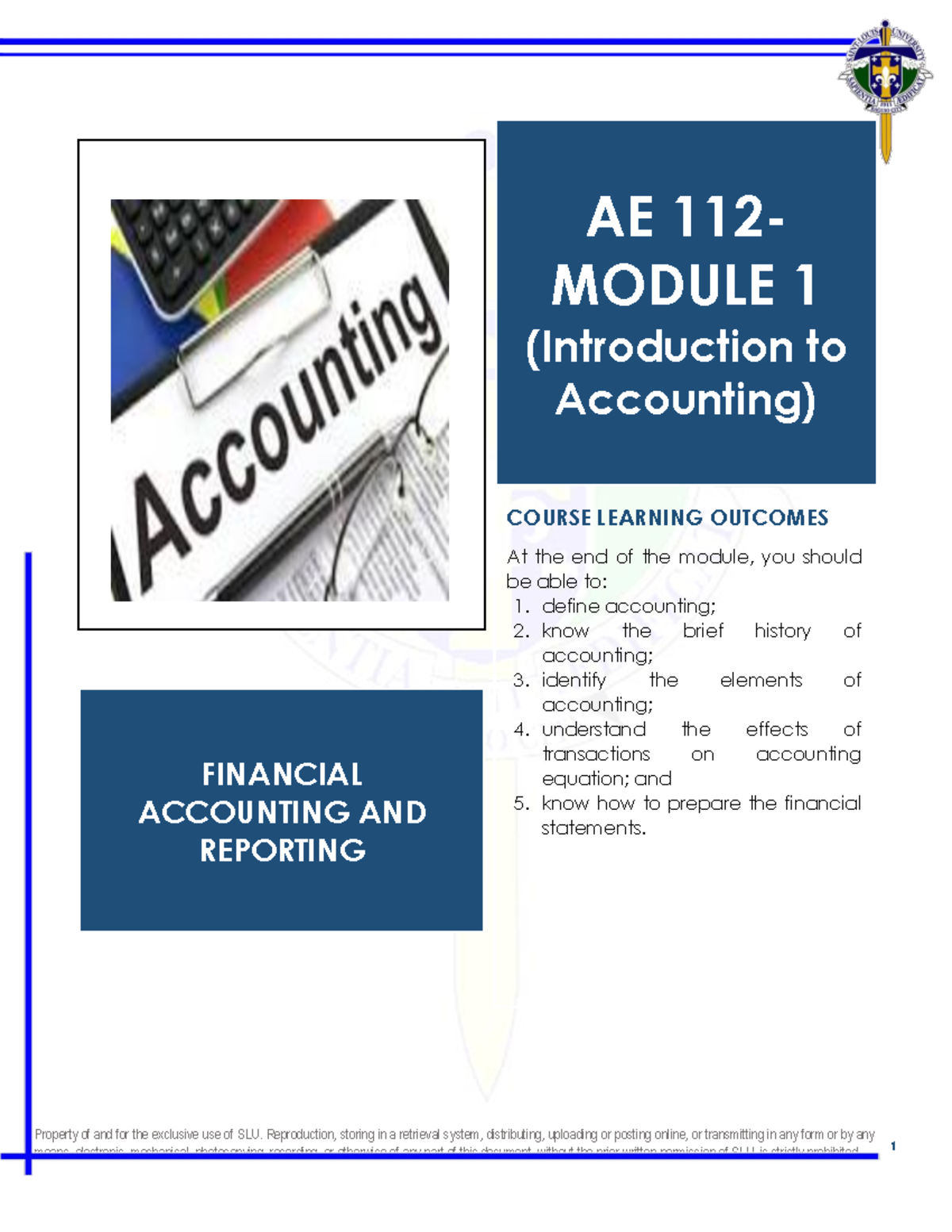 Module 1 - Introduction to Accounting - Property of and for the ...