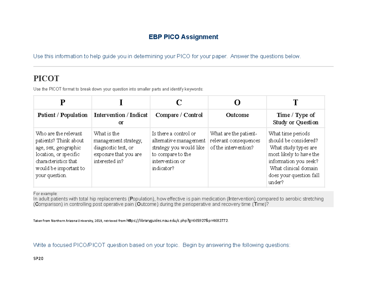 Ebp Pico Assignment Sp20 Ebp Pico Assignment Use This Information To