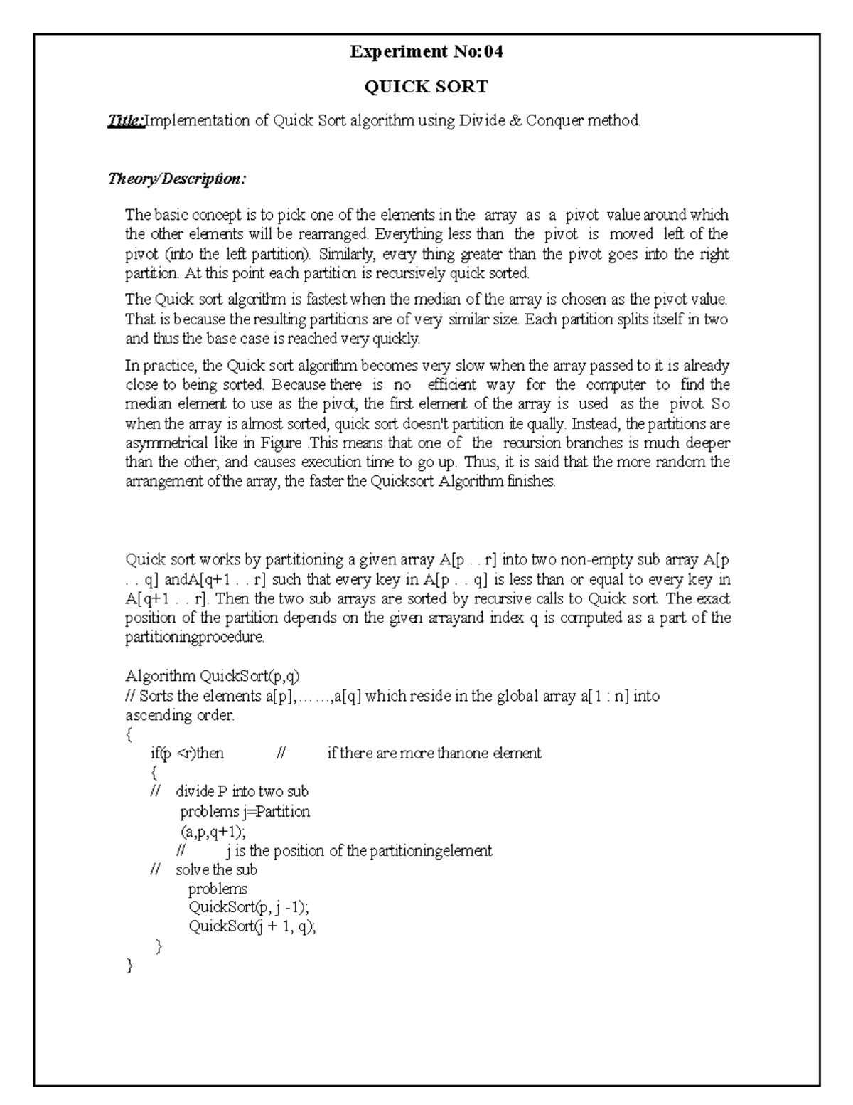 Experiment No4 - CA Practical - Experiment No: QUICK SORT Title:Implementation of Quick Sort ...