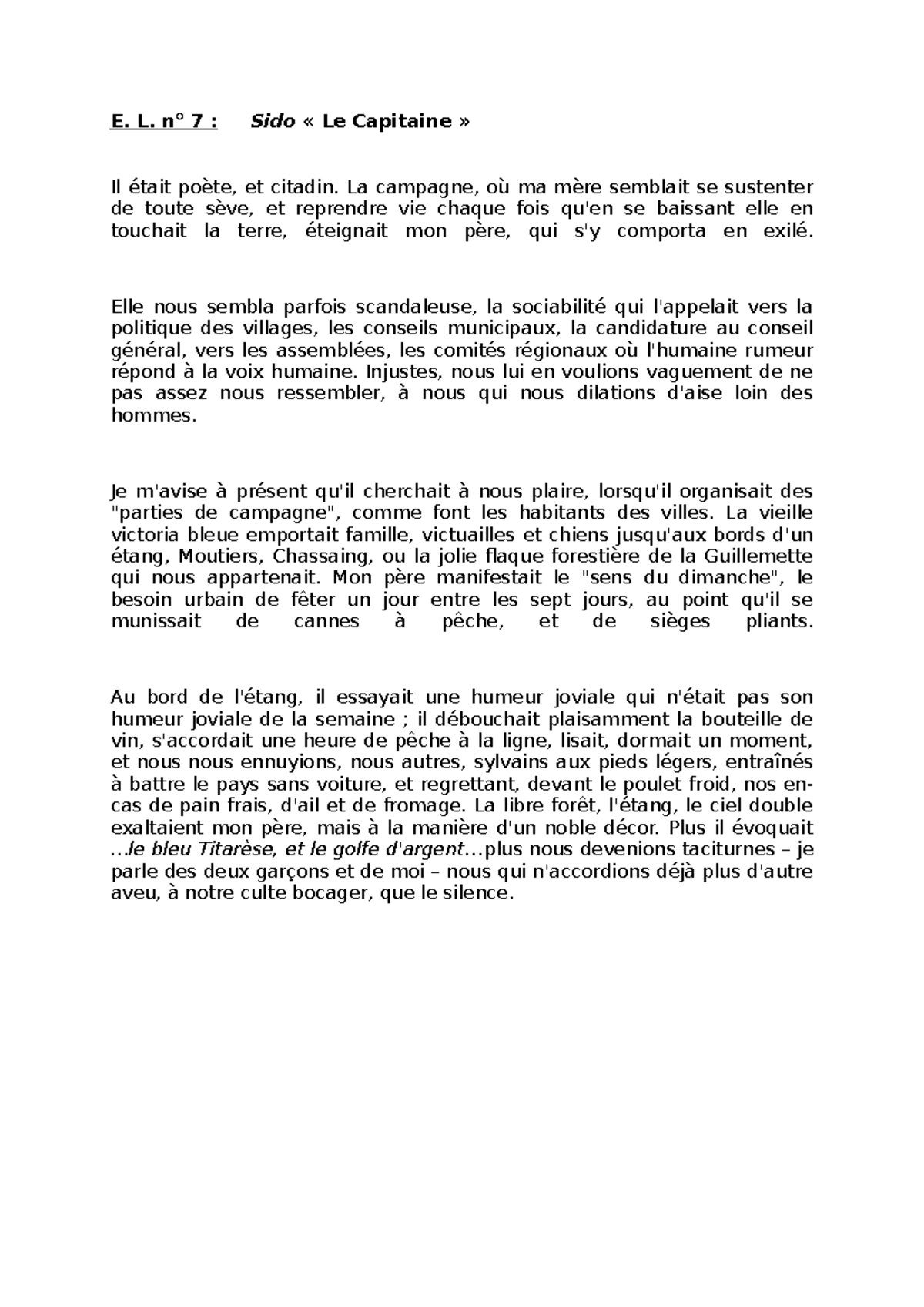 Explication linéaire - Sido, "Le Capitaine" - E. L. n° 7 : Sido « Le ...