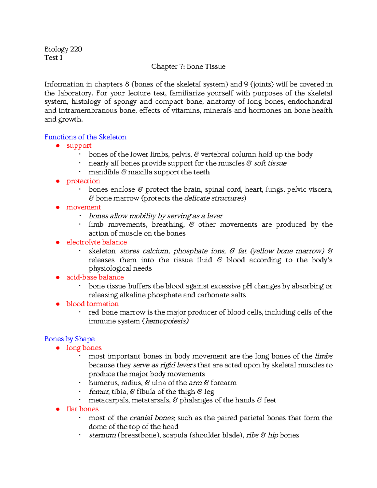Notes Chapter 7 Biology 220 Test 1 Chapter 7 Bone Tissue Information