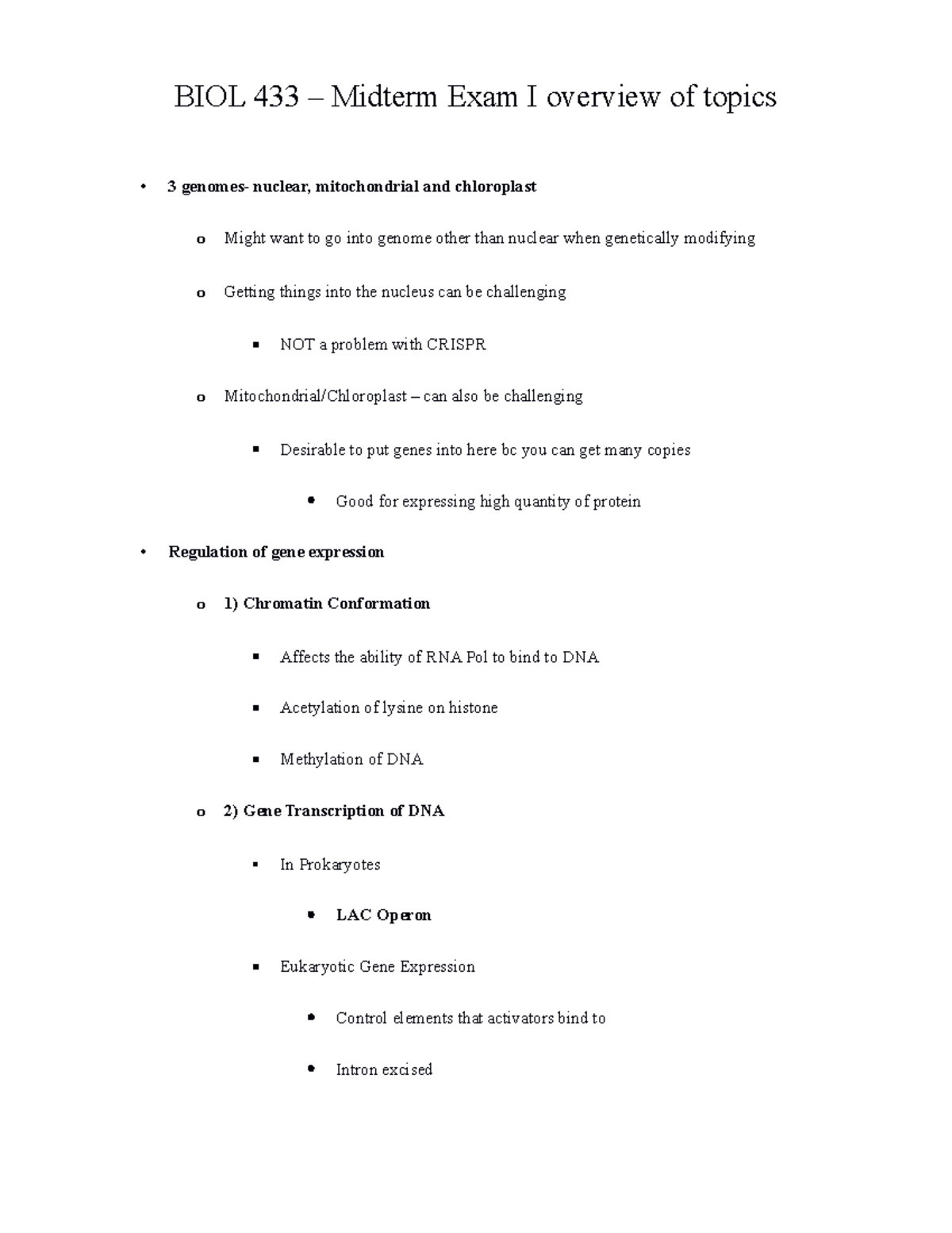 BIOL 433 Midterm 1 - Summary - BIOL 433 – Midterm Exam I overview of ...