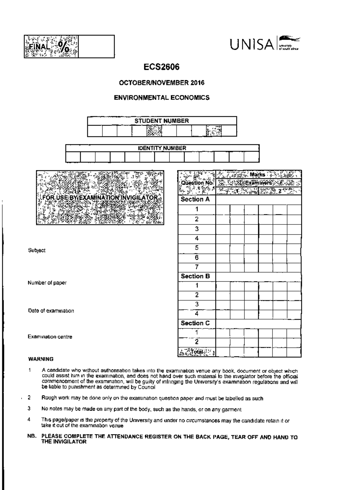 Exam ENVIRONMENTAL ECONOMICS - university south aha ,_ a, J L m ...
