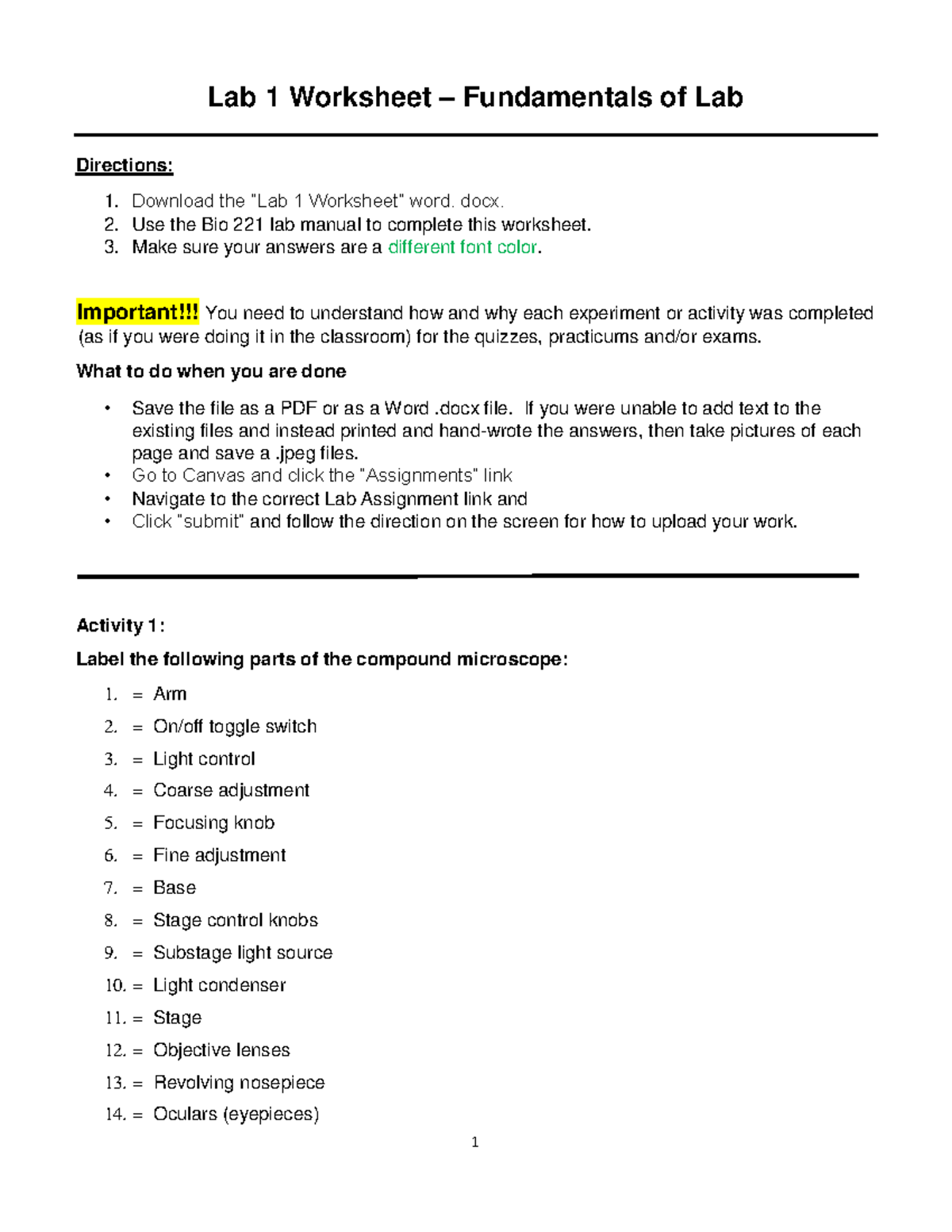Biol 221 Lab 1-Worksheet - Lab 1 Worksheet – Fundamentals of Lab Directions: Download the
