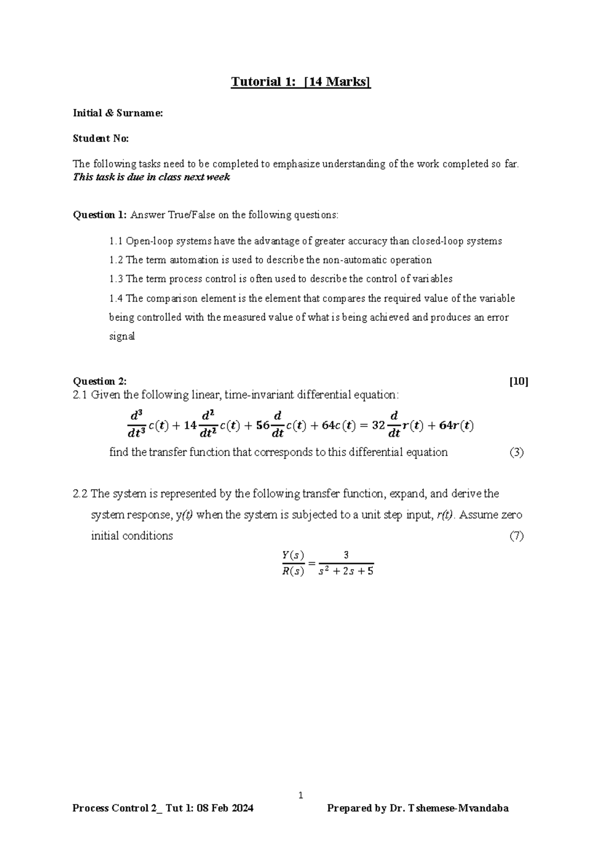 Tutorial 1 2024 Process Control 2 - 1 Process Control 2_ Tut 1: 08 Feb ...