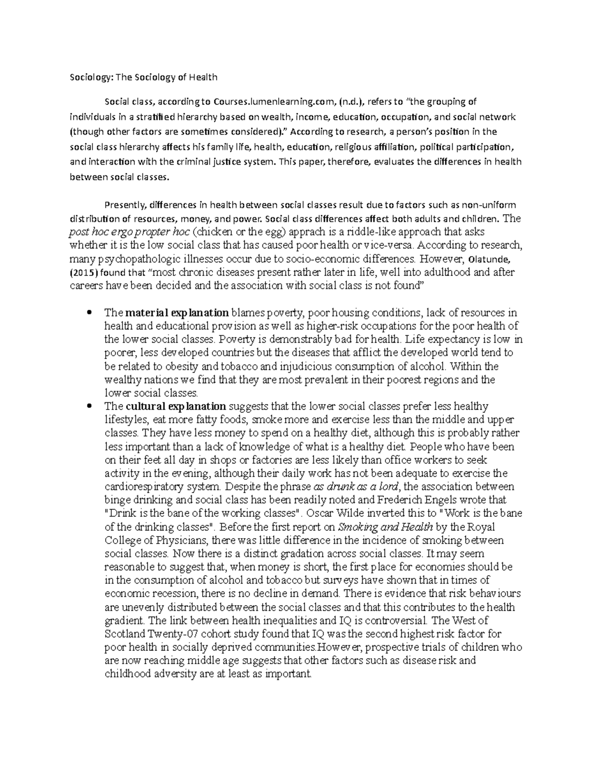 Sociology of Health - Sociology: The Sociology of Health Social class ...