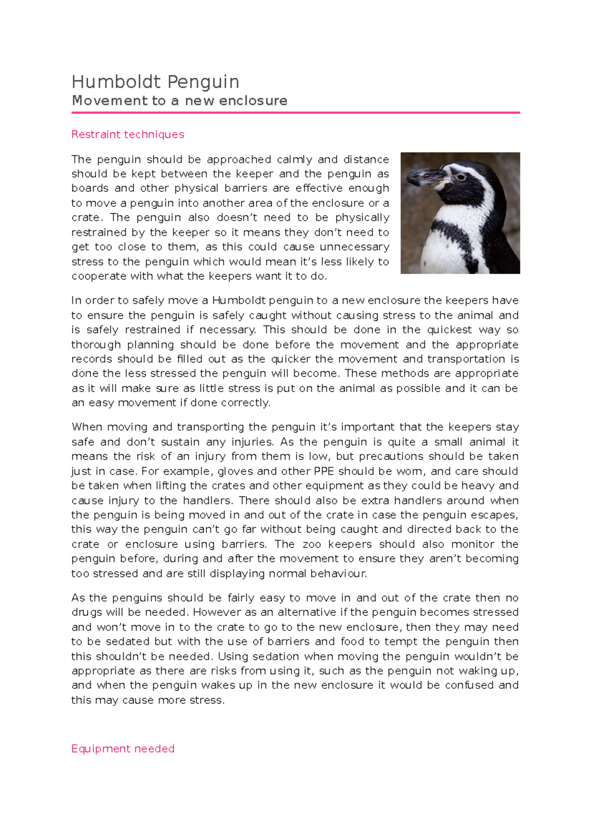 Assignment 1 - animal care - Humboldt Penguin Movement to a new ...