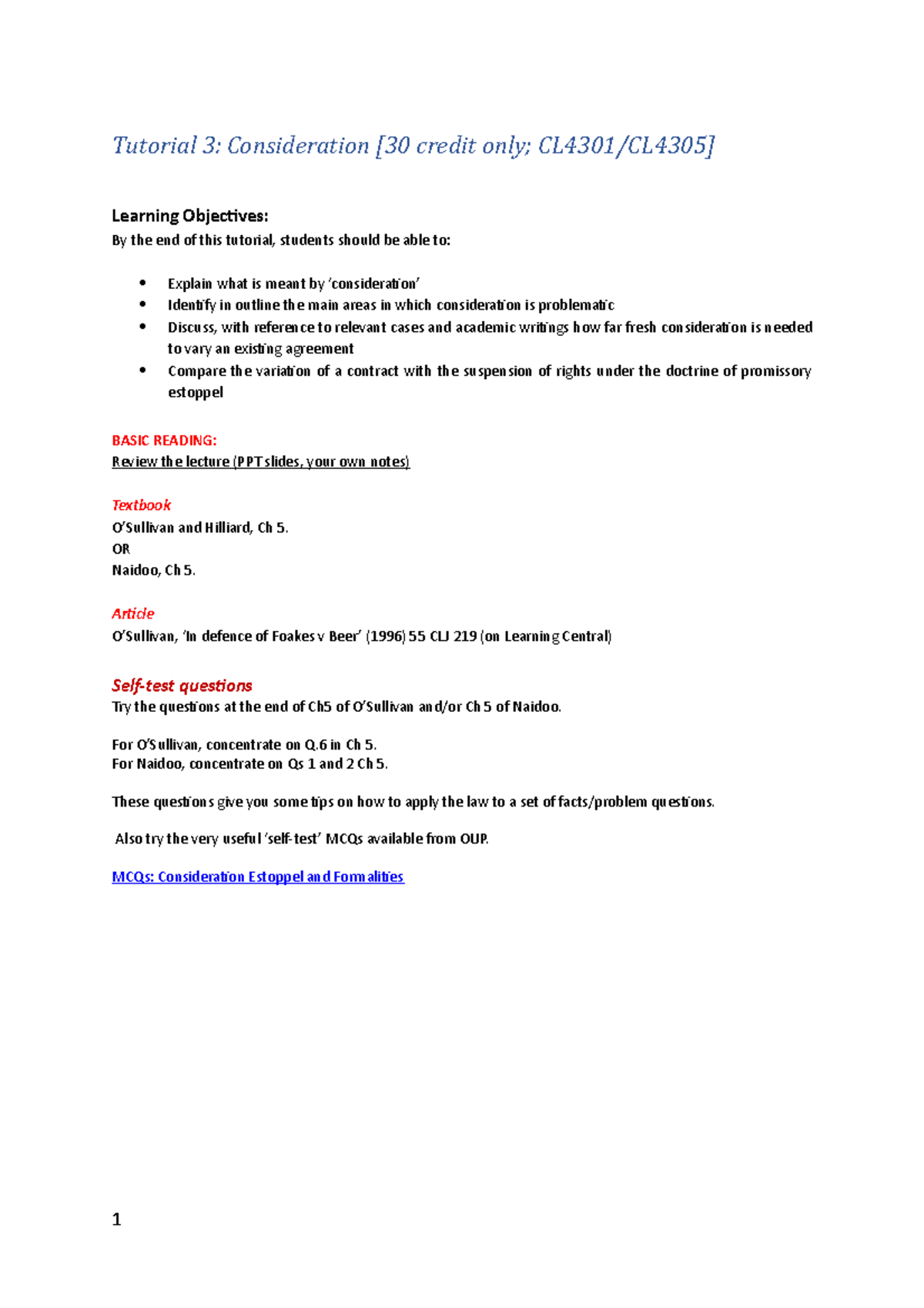 Contract law Tutorial 3 consideration - Tutorial 3: Consideration [30 ...