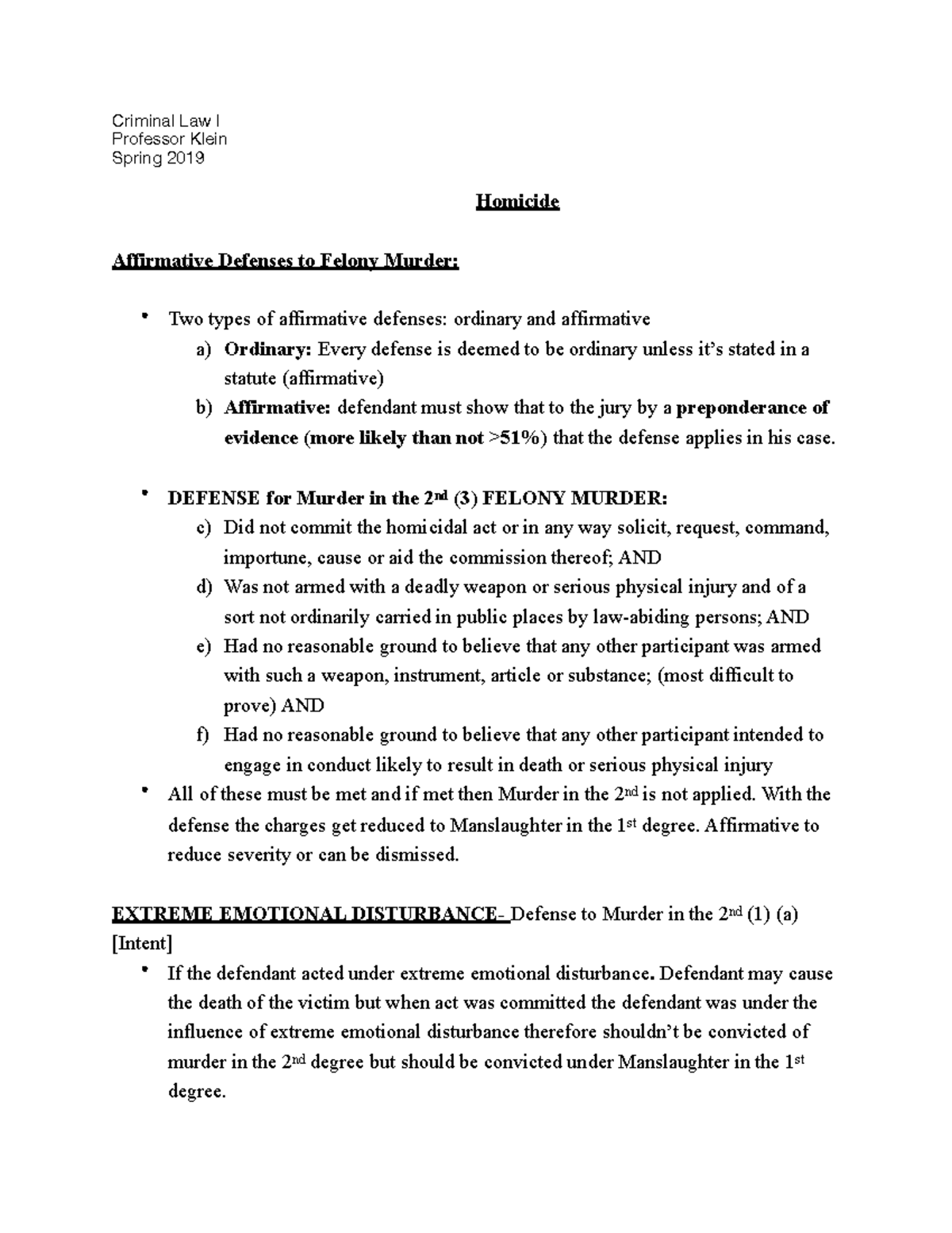 Affirmative Defenses to Felony Murder - Criminal Law I Professor Klein ...