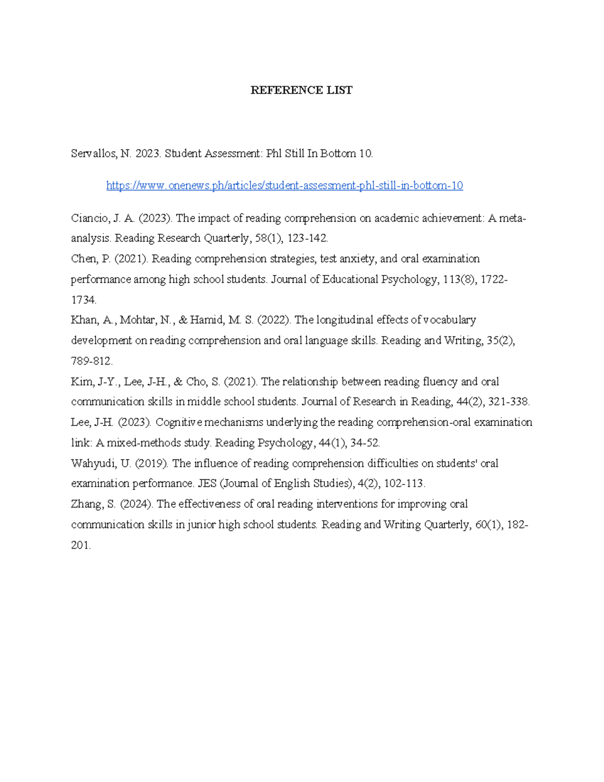 Reference-LIST - REFERENCE LIST Servallos, N. 2023. Student Assessment ...