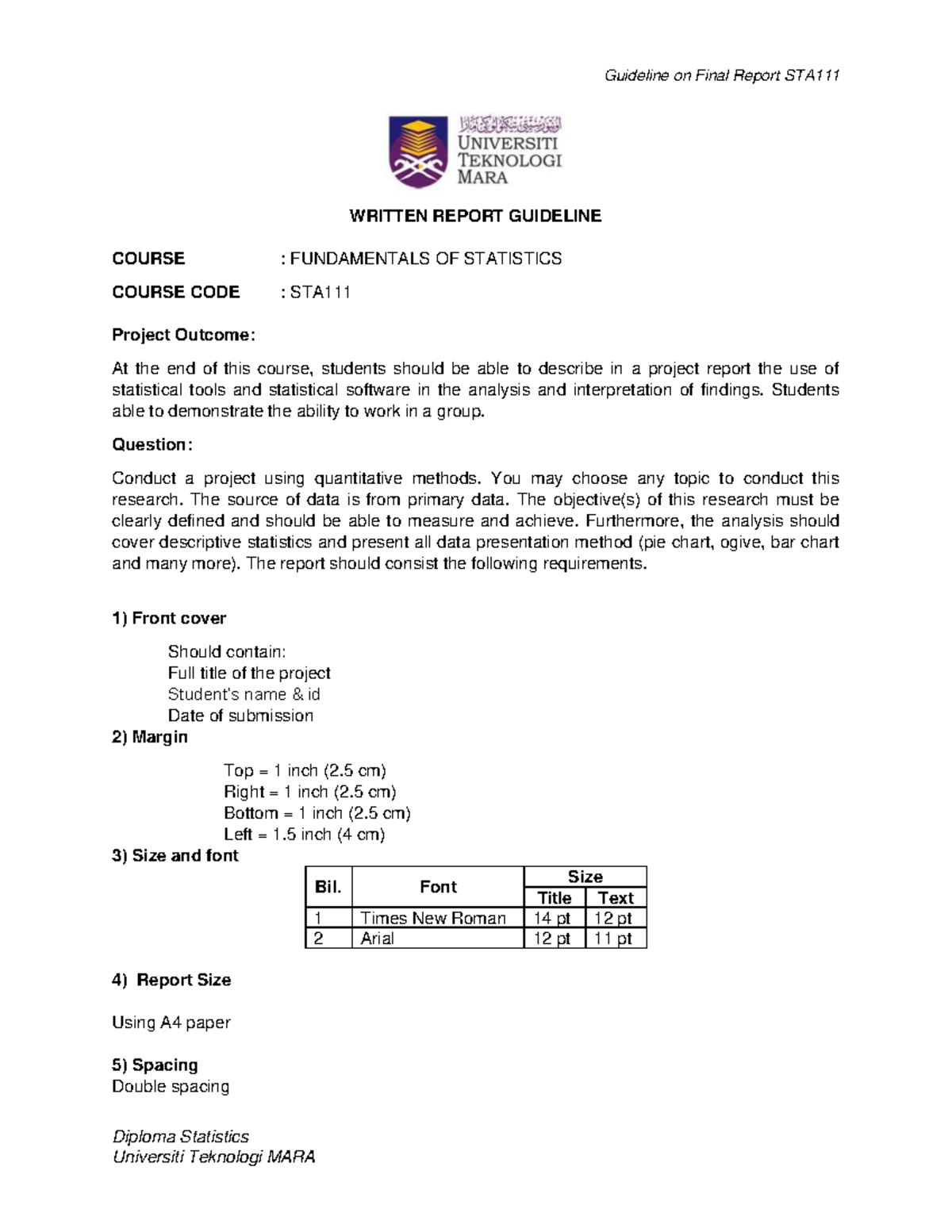 Guideline Written Report STA111 - Guideline on Final Report STA Diploma ...