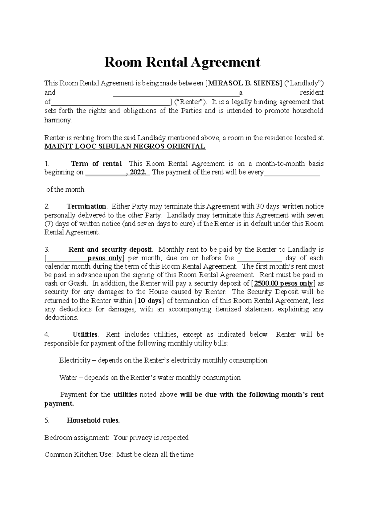 Room rental agreement 02 - Room Rental Agreement This Room Rental ...