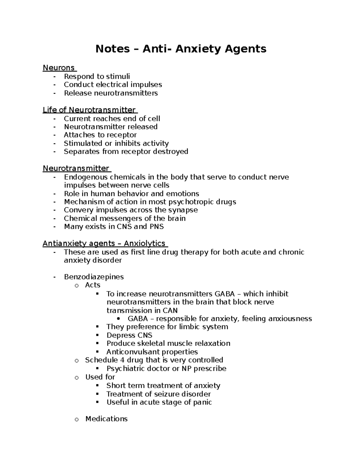 Notes - T3 . Anti Anxiety - Notes – Anti- Anxiety Agents Neurons ...