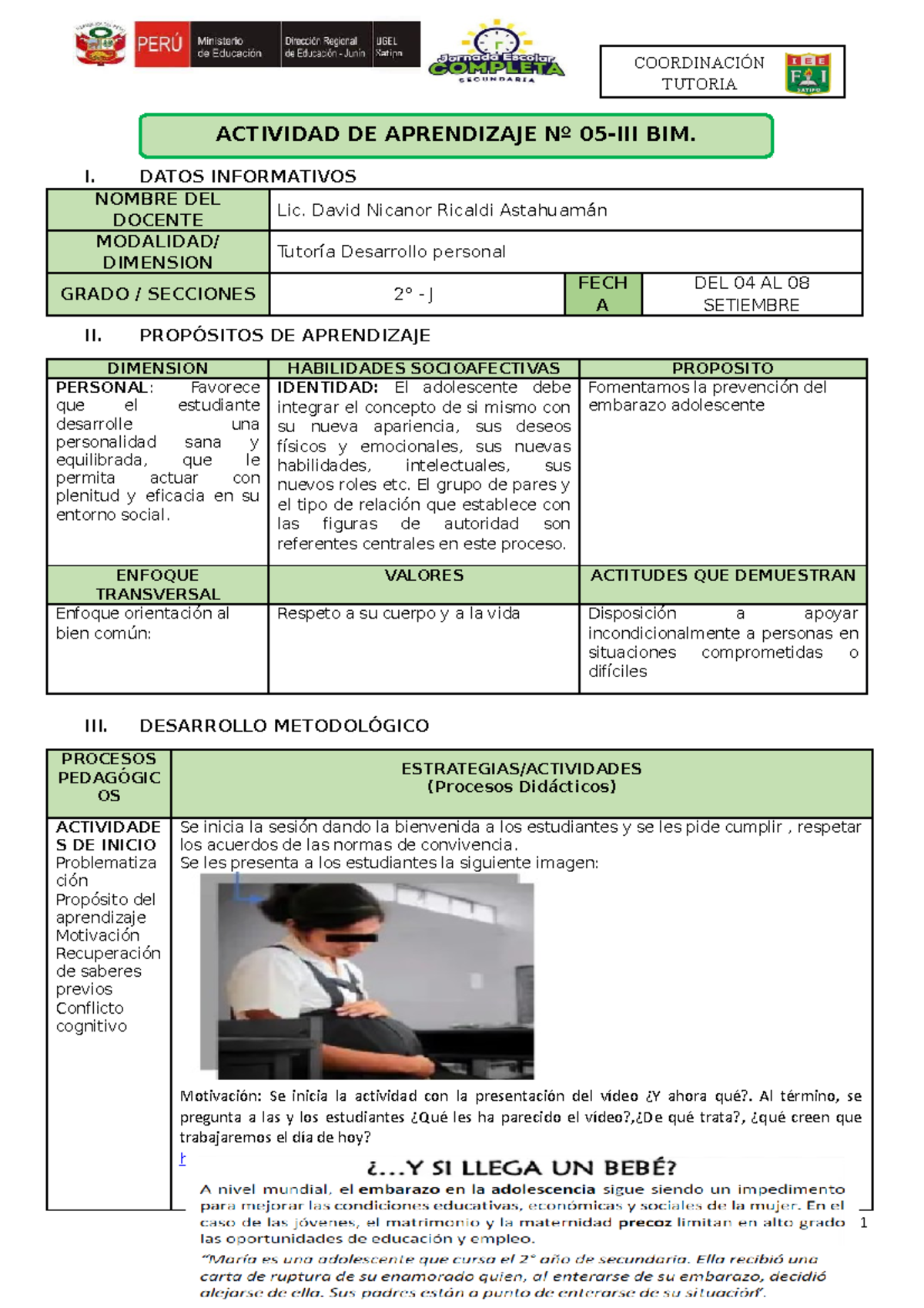 Sesion 5 - Embara Precoz Adolescente - I. DATOS INFORMATIVOS NOMBRE DEL ...