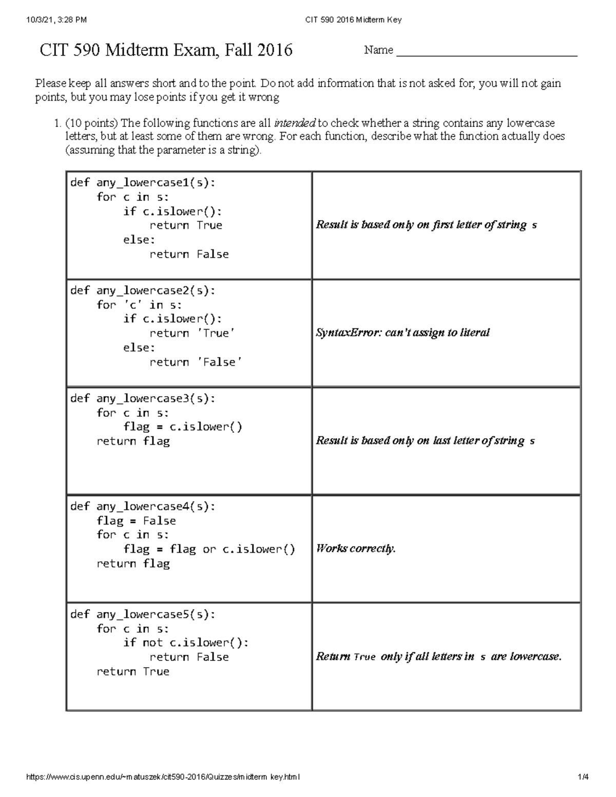 CIT 590 2016 Midterm Key - CIT 590 Midterm Exam, Fall 2016 Name