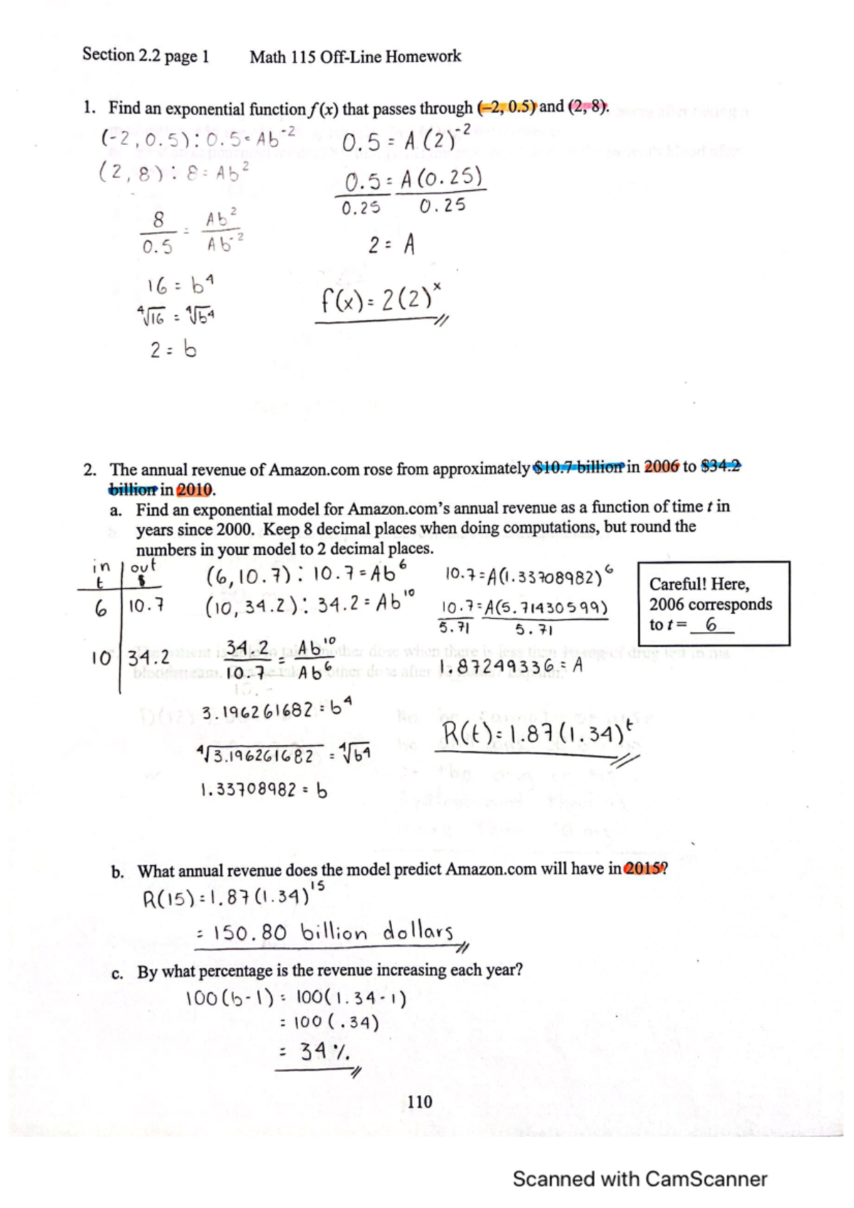 MATH 115 Off-Line Homework Exponential Functions - MATH 115Z - Studocu