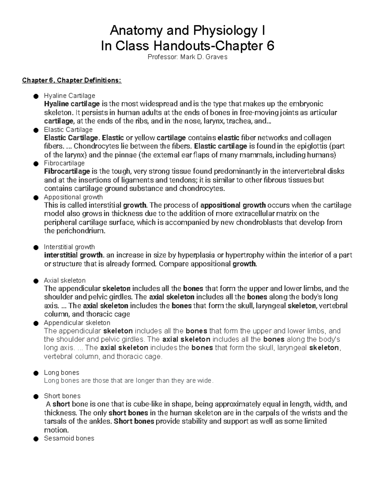 A&PI Ch 6 (Osseous Tissue) Handout - Anatomy and Physiology I In Class ...