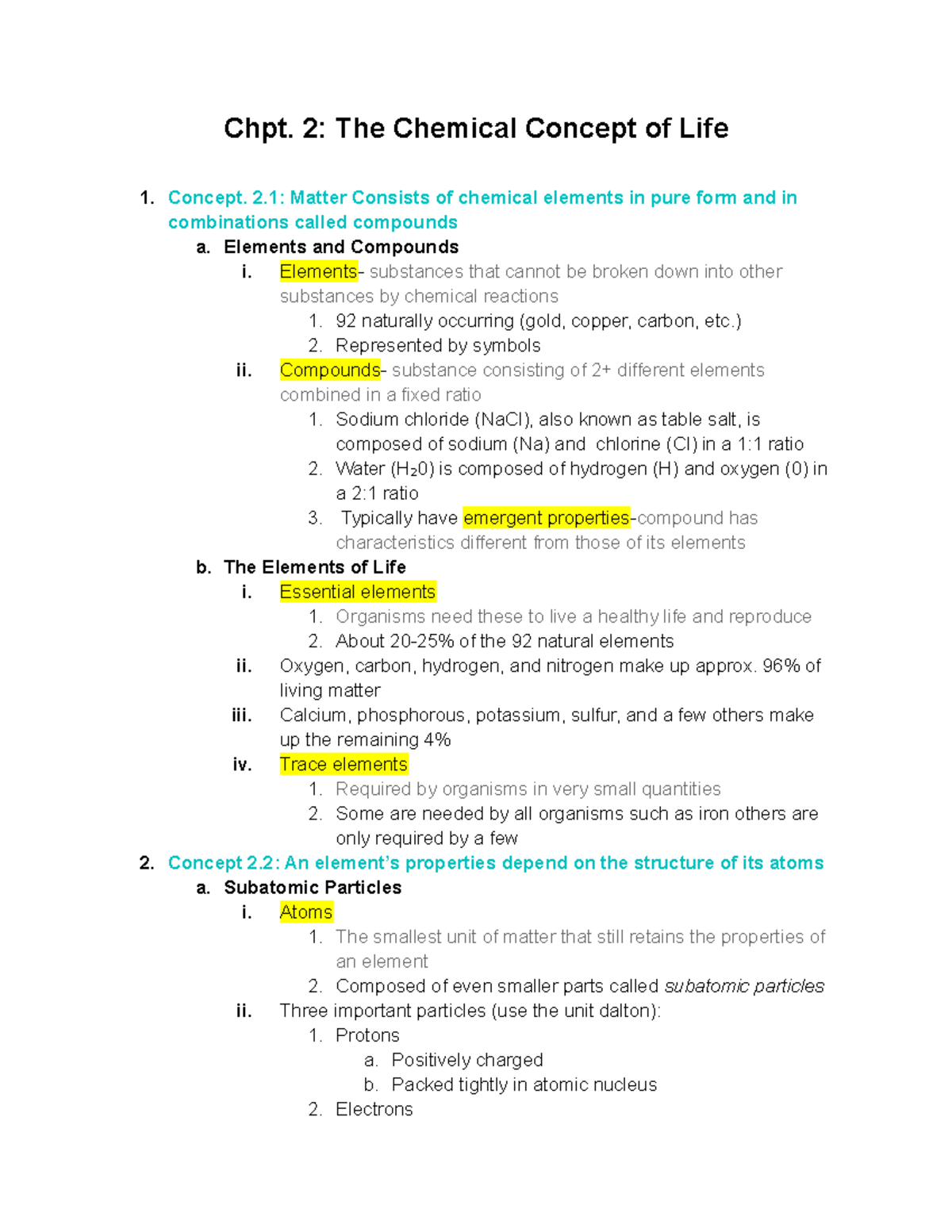 BIO 116 Notes - Chpt. 2: The Chemical Concept of Life 1. Concept. 2 ...