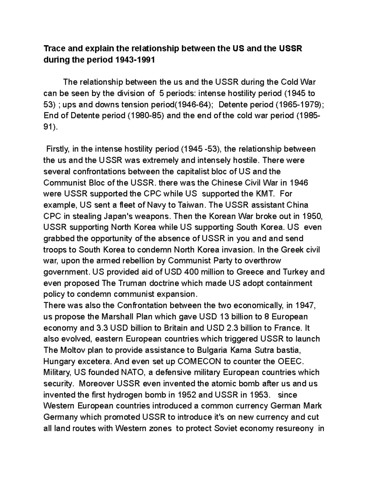 Cold War Relations - Grade: B+ - Trace and explain the relationship ...