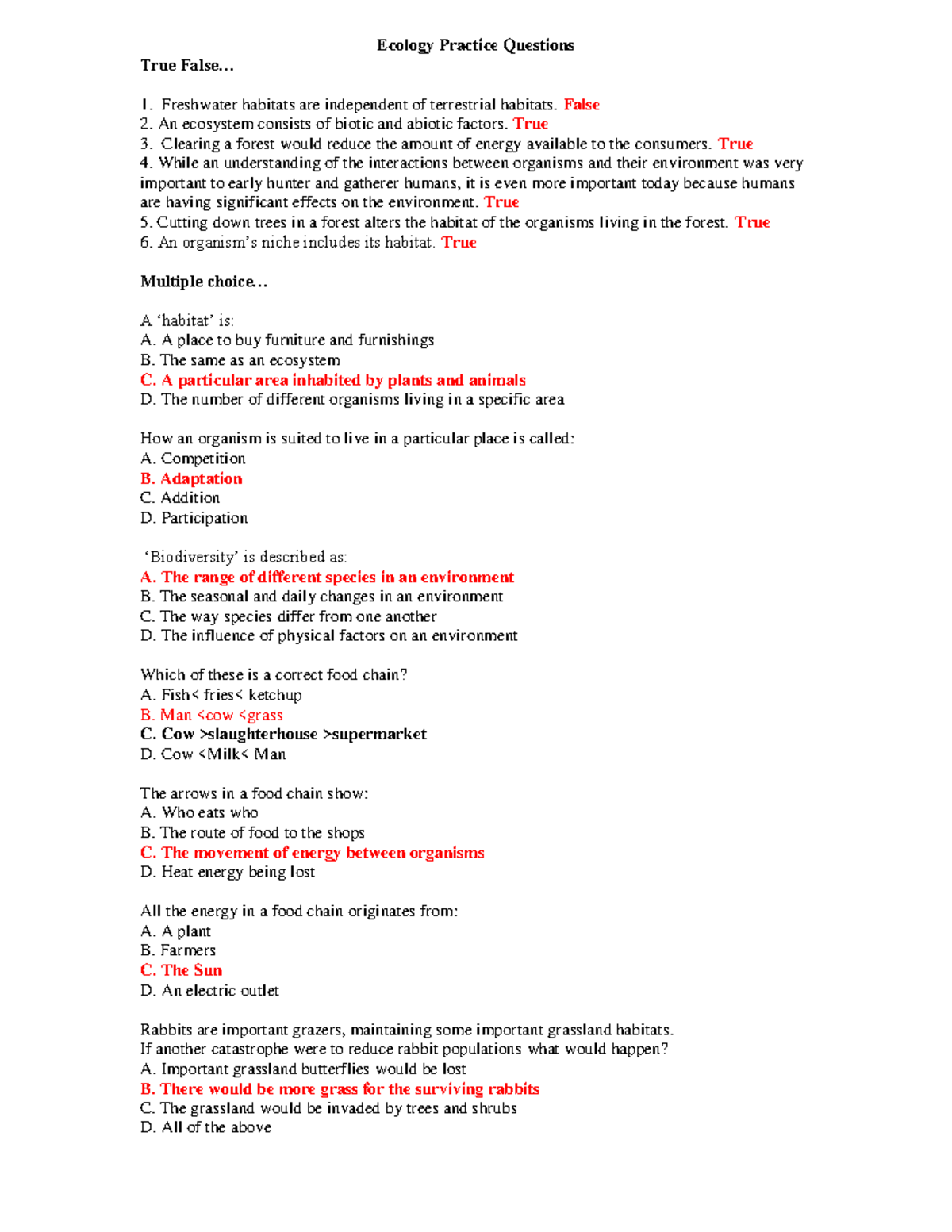 Ecology Practice Questions For Students - Ecology Practice Questions ...