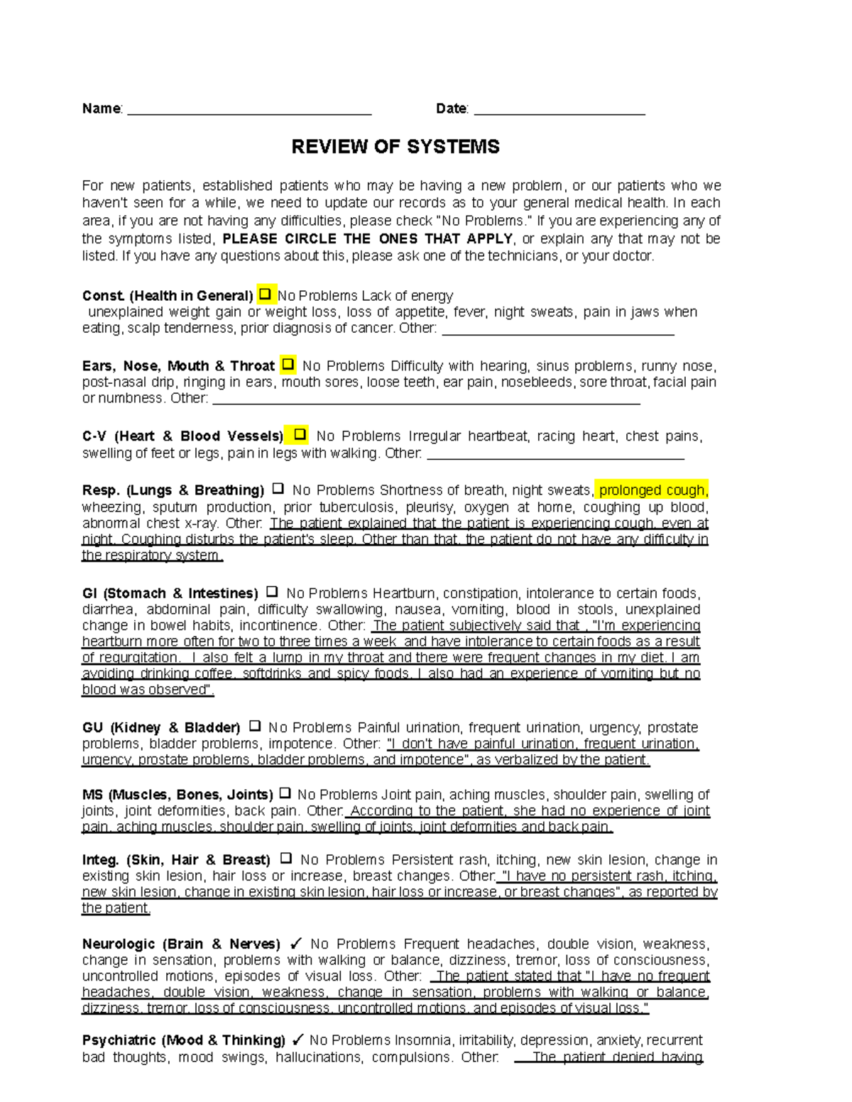 Review of Systems Checklist - Name ...