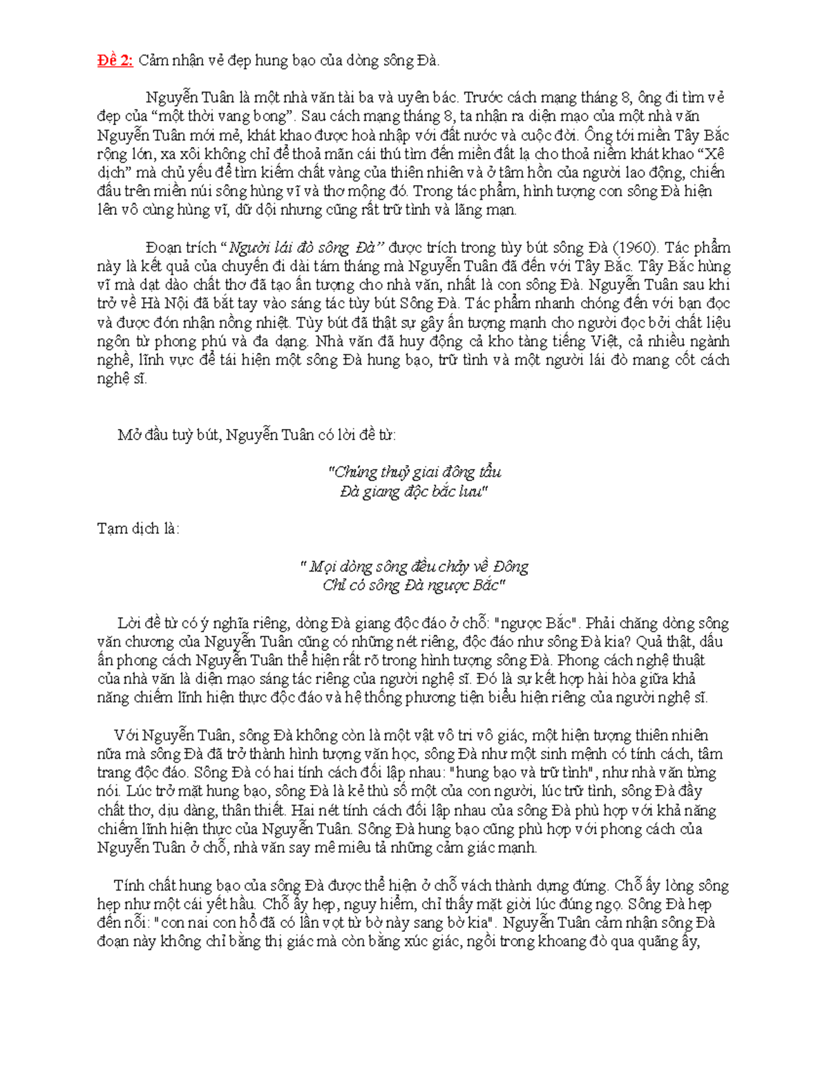 Phan tich song a - Thyh - Đề 2 : Cảm nhận vẻ đẹp hung bạo của dòng sông ...